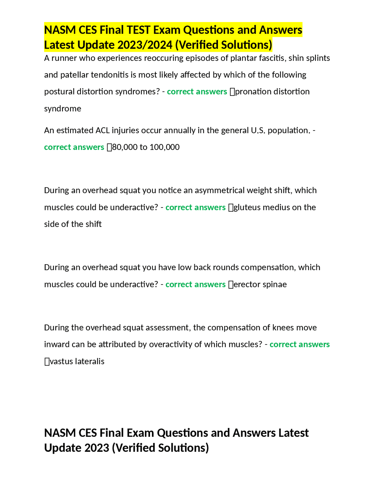 NASM CES Final TEST Exam Questions and Answers Latest Update 2023/2024 ...
