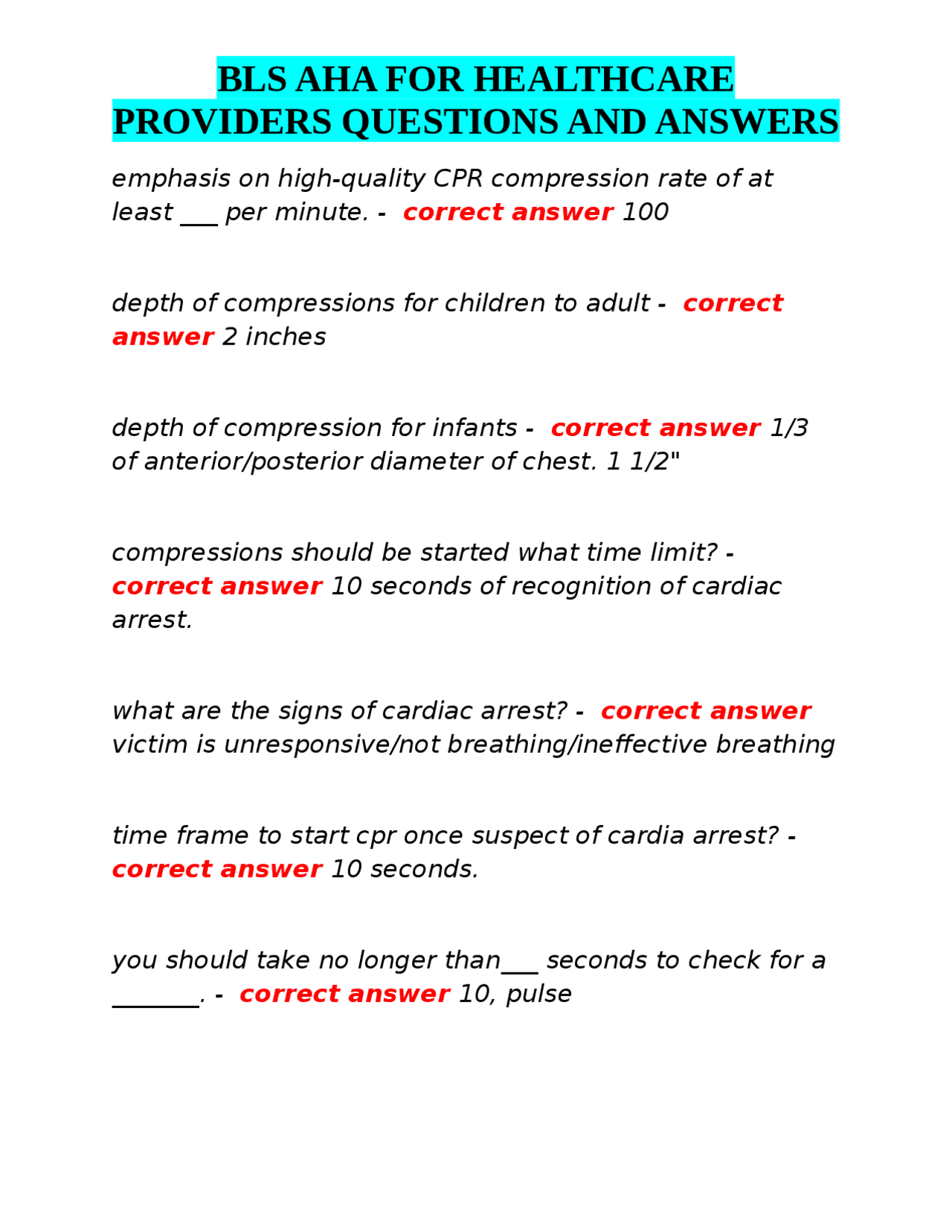 BLS AHA for Healthcare Providers Questions and Answers | Exams Nursing ...