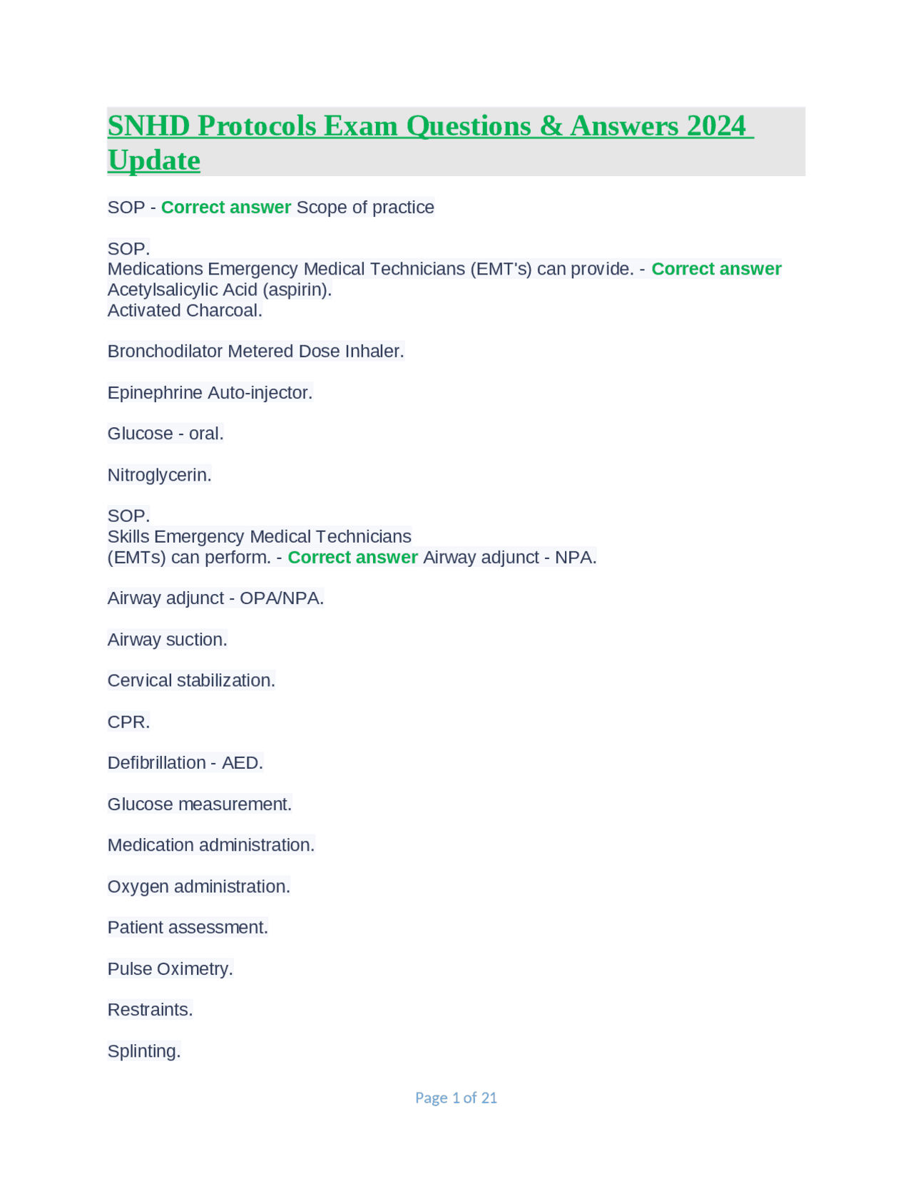 SNHD Protocols Exam Questions & Answers 2024 Update | Exams Computer ...