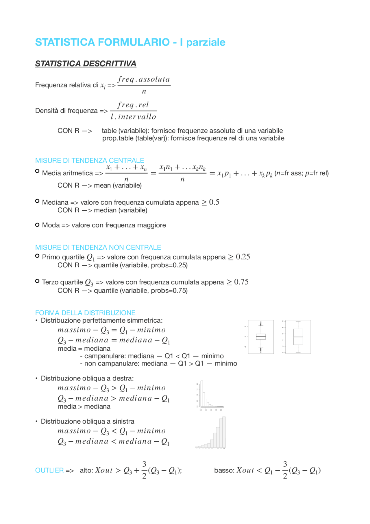 Statistica formulario generale CLEACC (2024) | Schemi e mappe concettuali di Statistica | Docsity