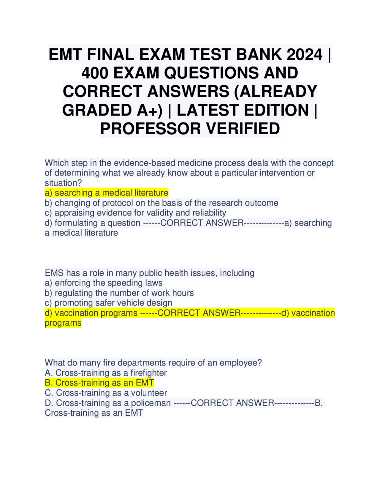 EMT FINAL EXAM TEST BANK 2024 | 400 EXAM QUESTIONS AND CORRECT ANSWERS ...
