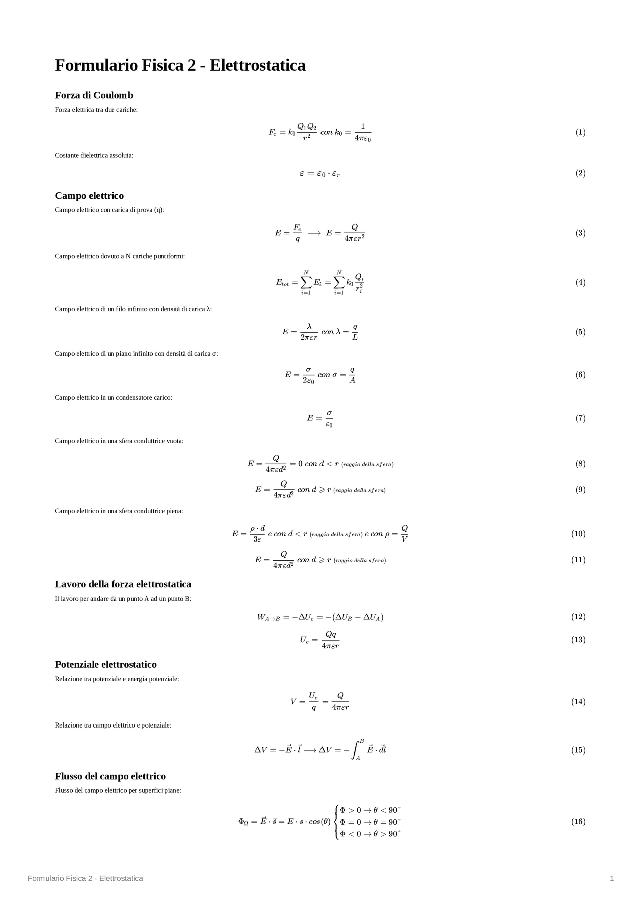 Formulario fisica 2 - ELETTROSTATICA | Schemi e mappe concettuali di Fisica | Docsity