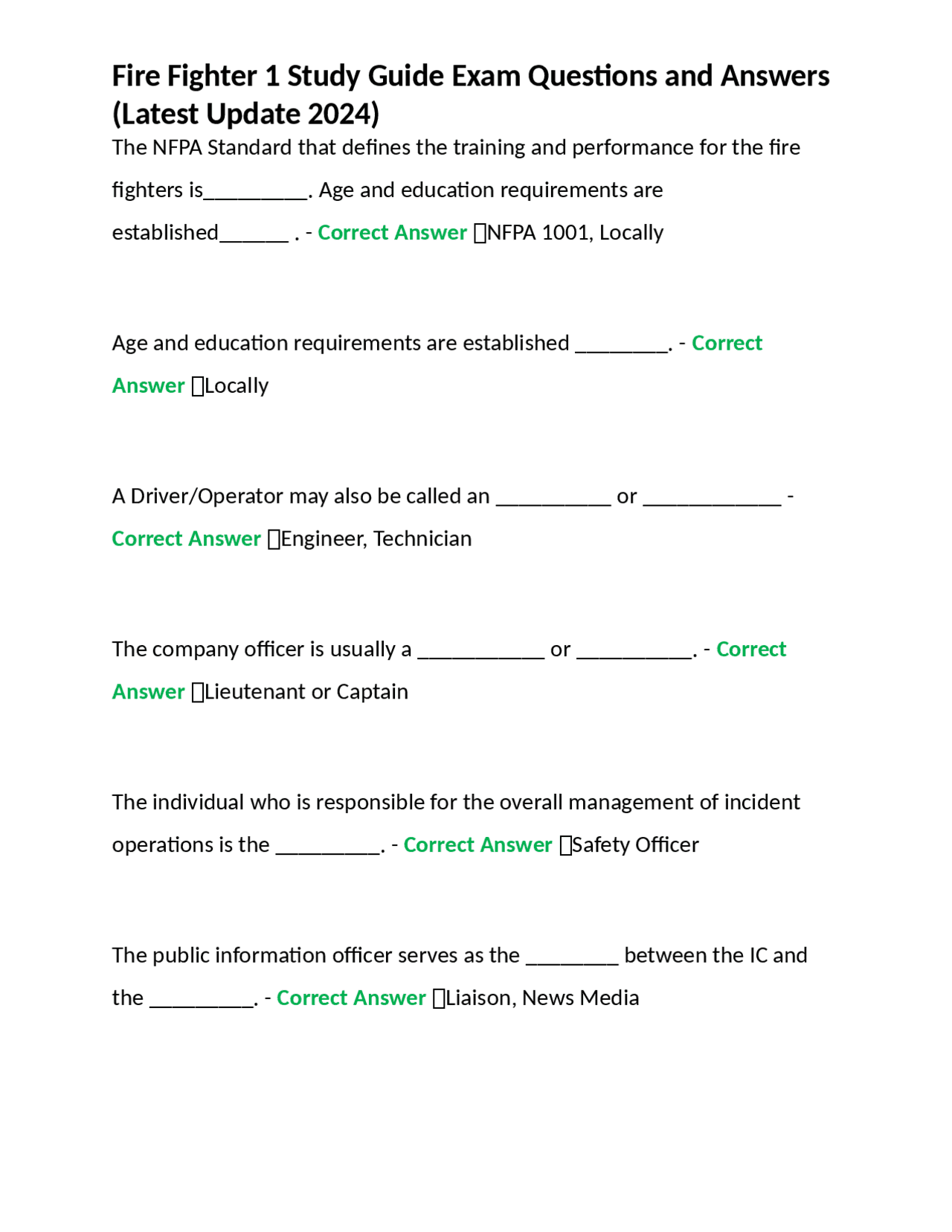 Fire Fighter 1 Study Guide Exam Questions and Answers | Exams Nursing ...