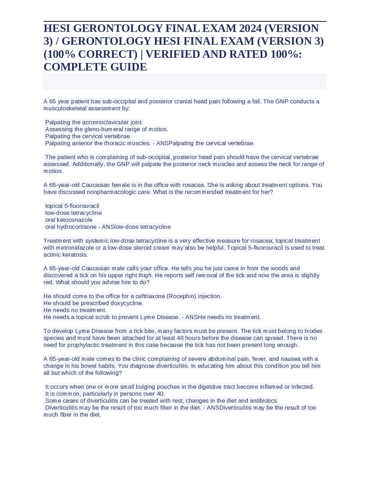 HESI Gerontology Final Exam 2024 (Version 3) - Complete Guide | Exams ...