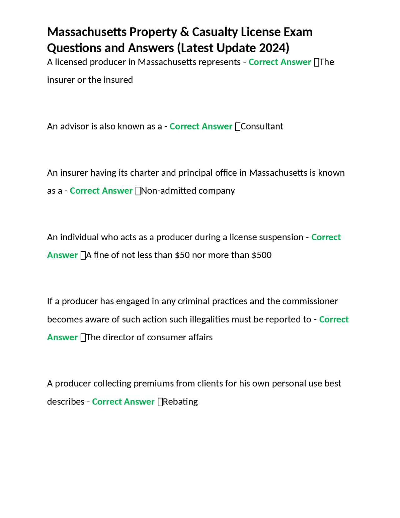 Massachusetts Property & Casualty License Exam Questions and Answers ...