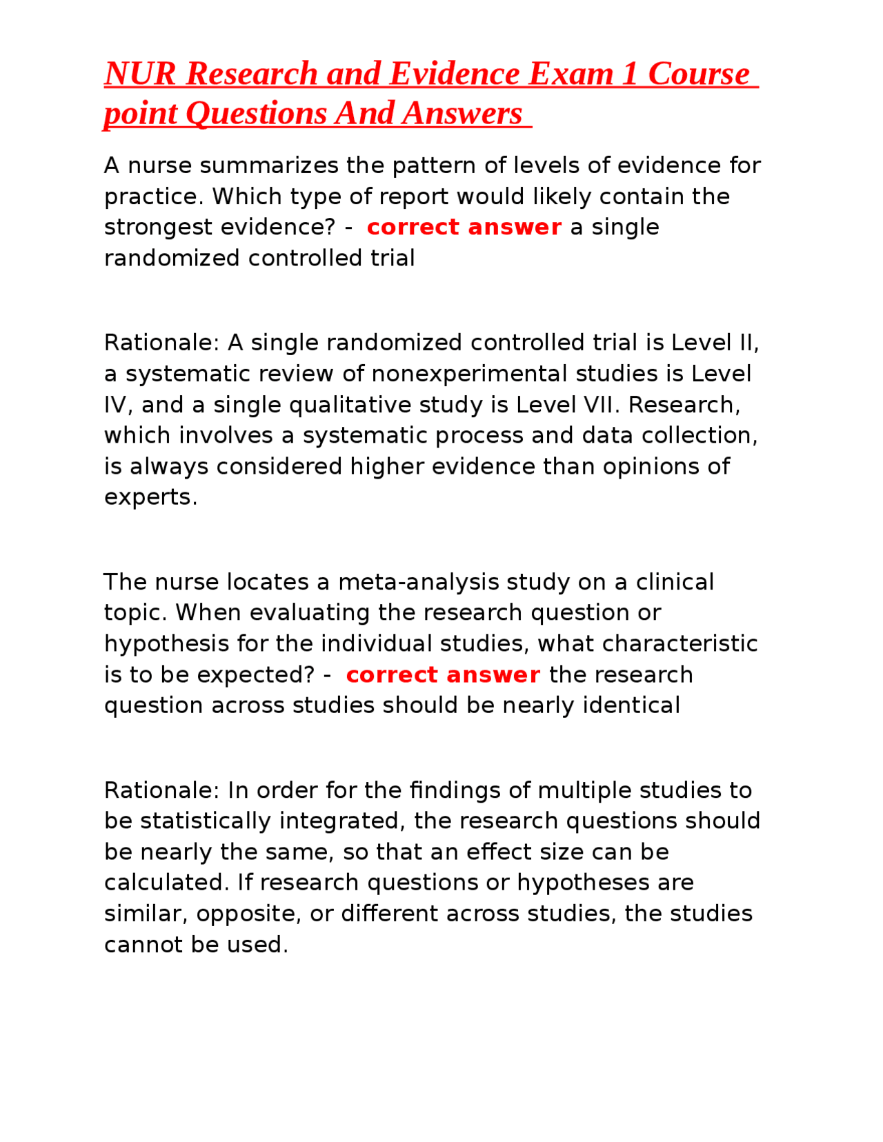 NUR Research and Evidence Exam 1 Course point Questions And Answers ...