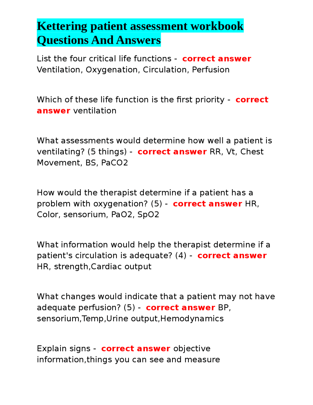 Kettering patient assessment workbook Questions And Answers | Exams ...
