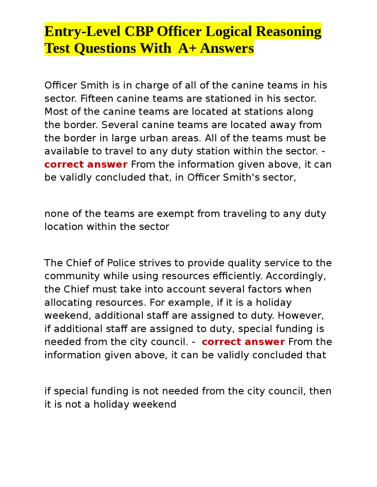 Entry-Level CBP Officer Logical Reasoning Test Questions With A+ ...