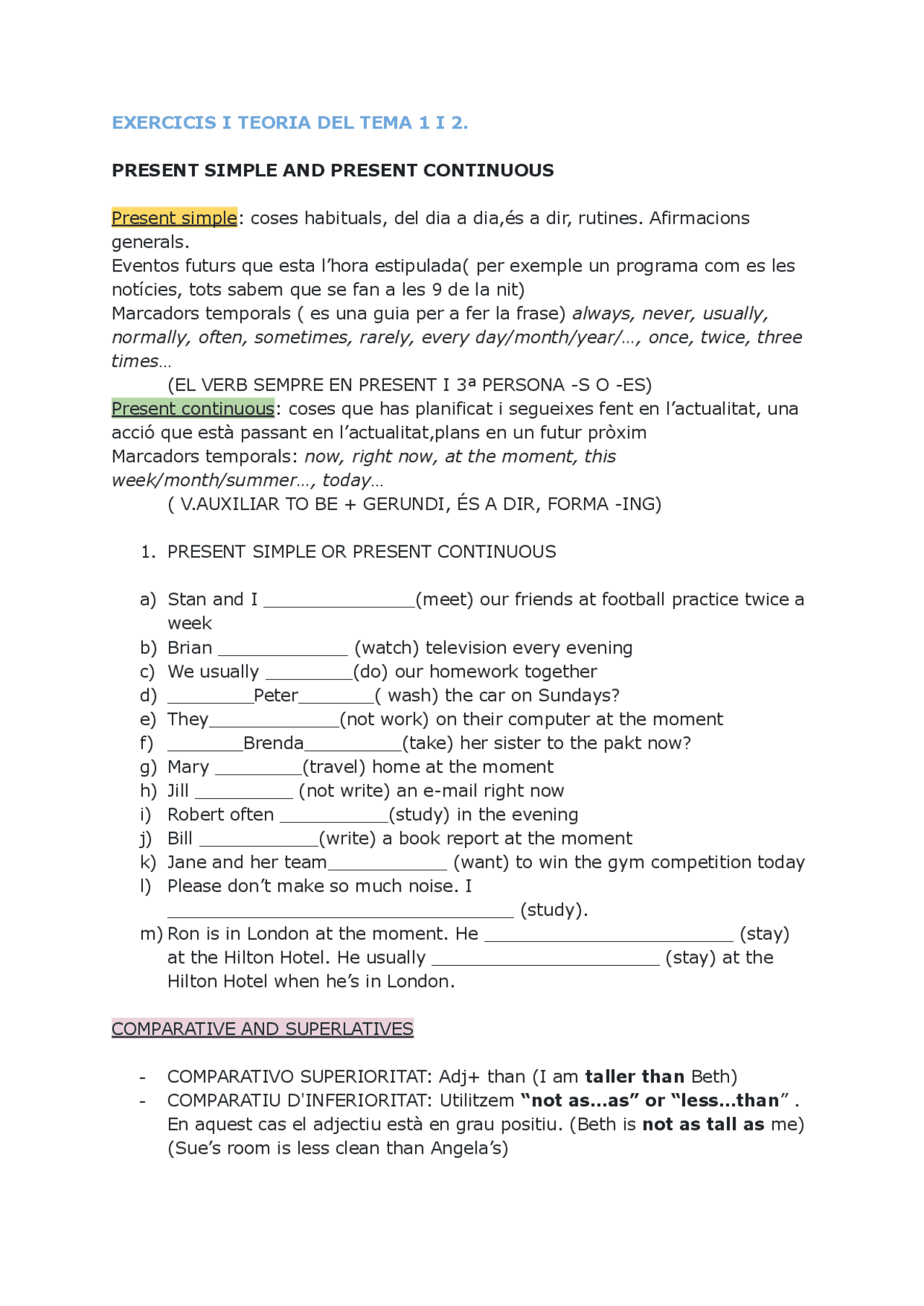 Ejercicios de present simple y present continuous | Esquemas y mapas conceptuales de Inglés ...