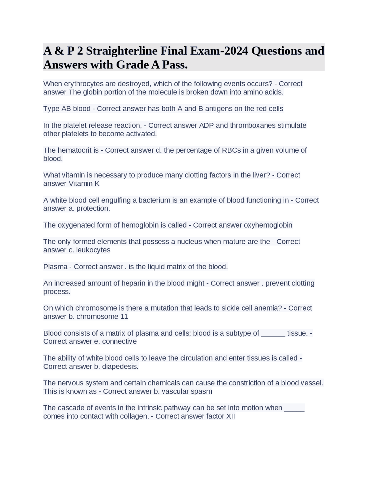 A & P 2 Straighterline Final Exam-2024 Questions and Answers with Grade ...