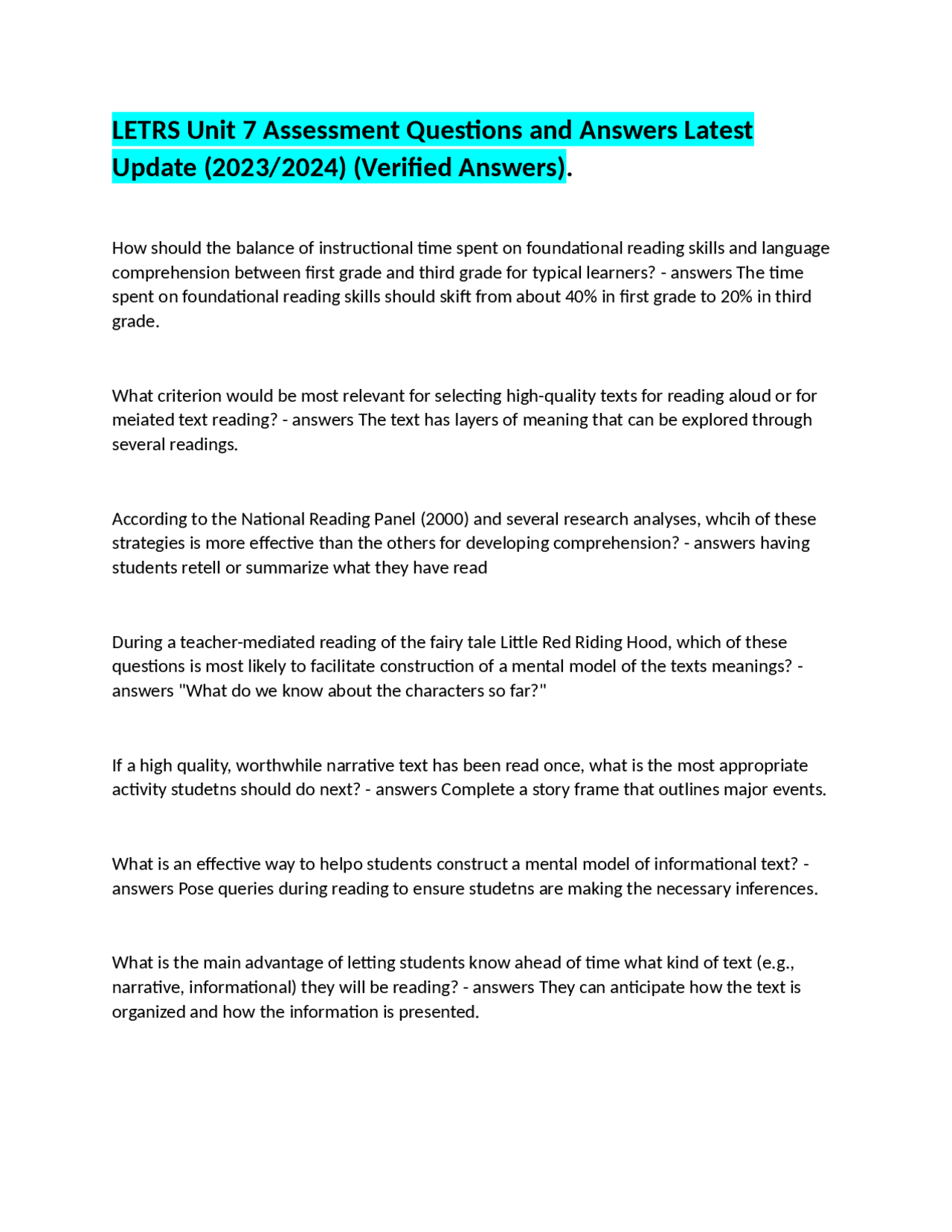 LETRS Unit 7 Assessment Questions and Answers Latest Update (2023/2024 ...