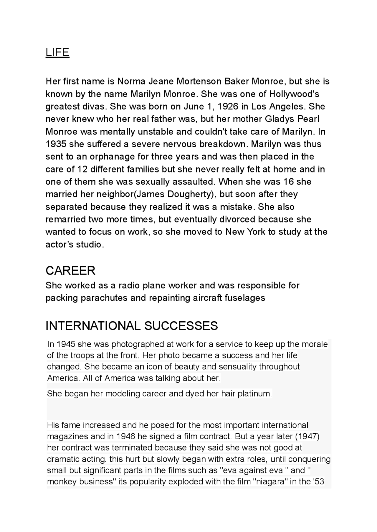 documento su marilyn monroe | Schemi e mappe concettuali di Inglese | Docsity