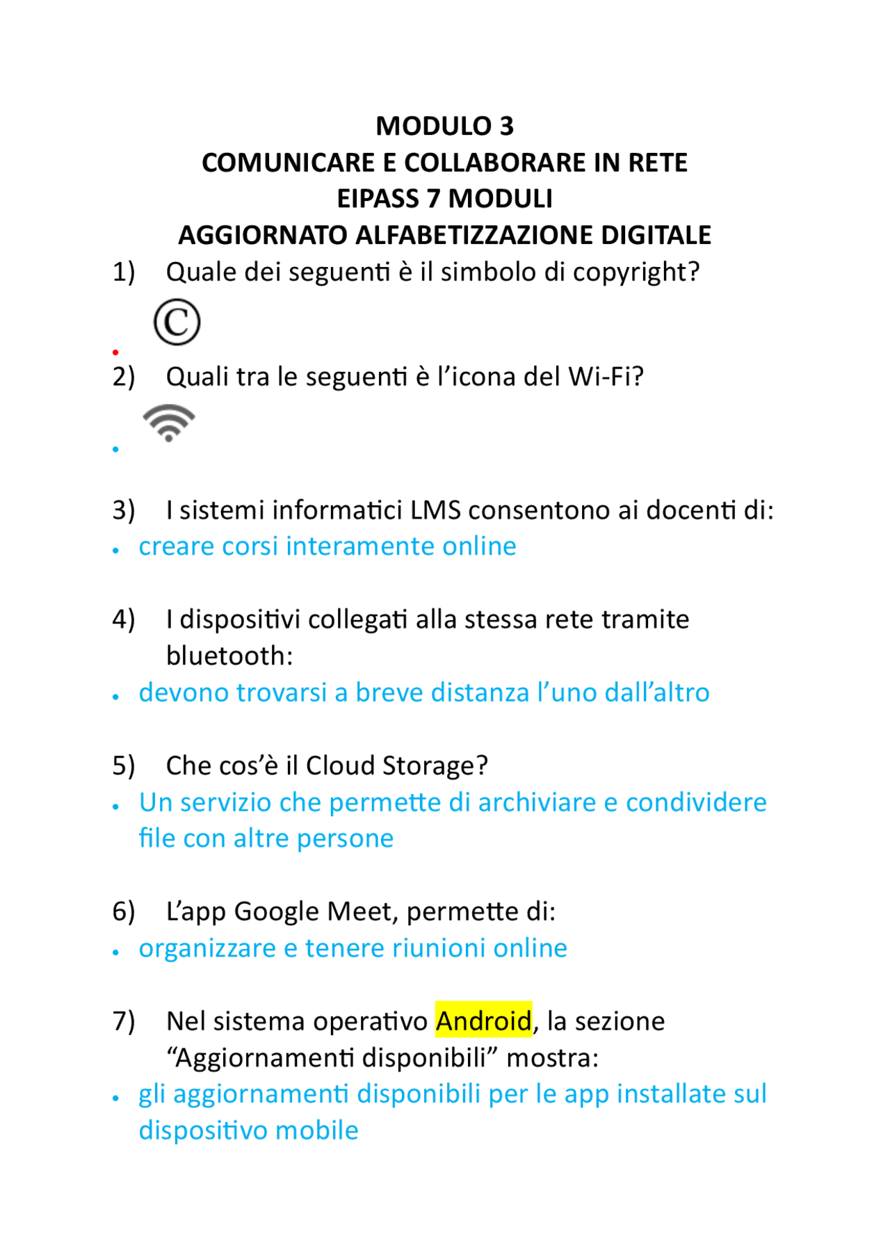 Domande e risposte corrette MODULO 3 eipass 7 moduli aggiornato alfabetizzazione digitale ...