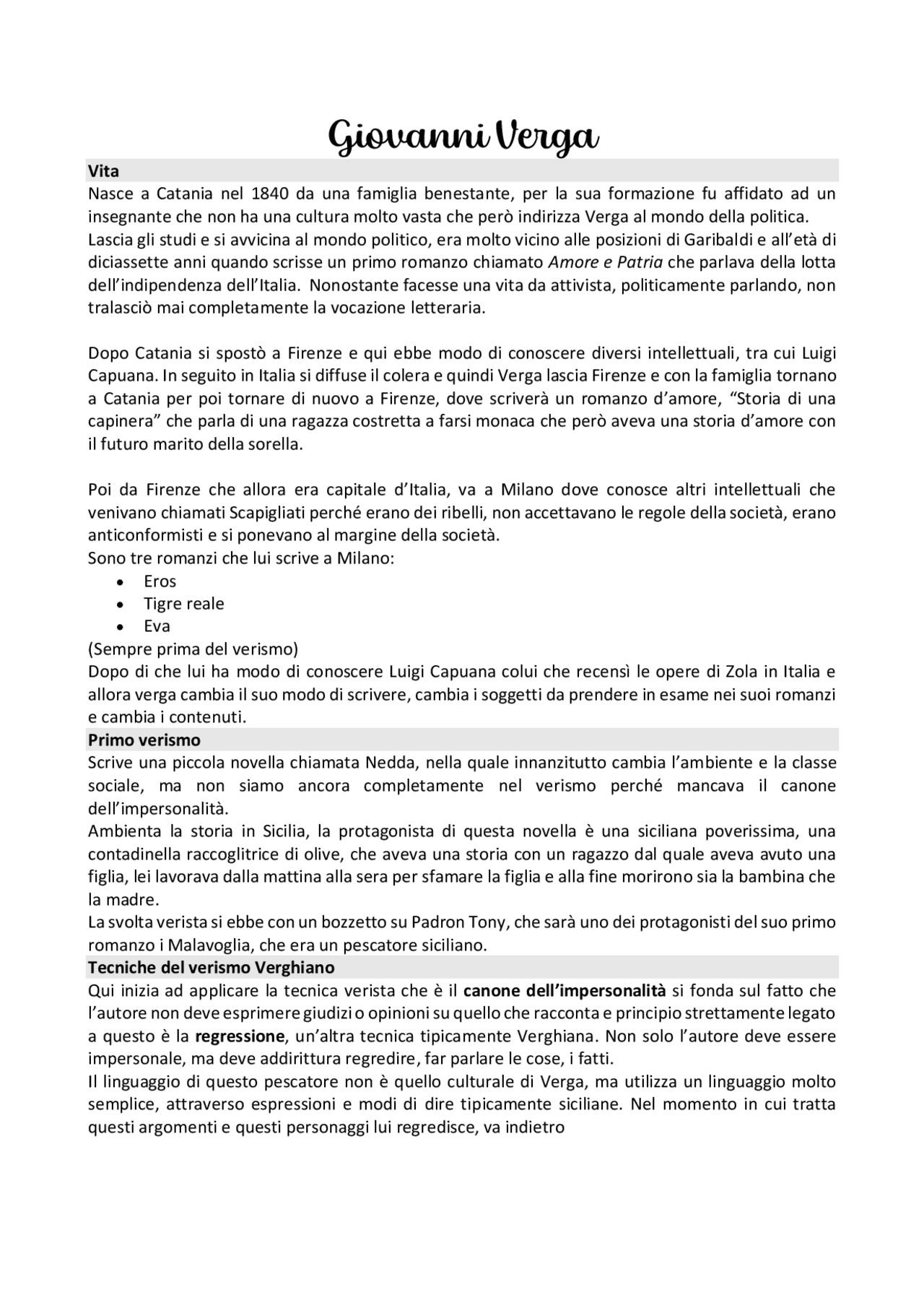 Giovanni Verga: vita e opere | Schemi e mappe concettuali di Italiano | Docsity