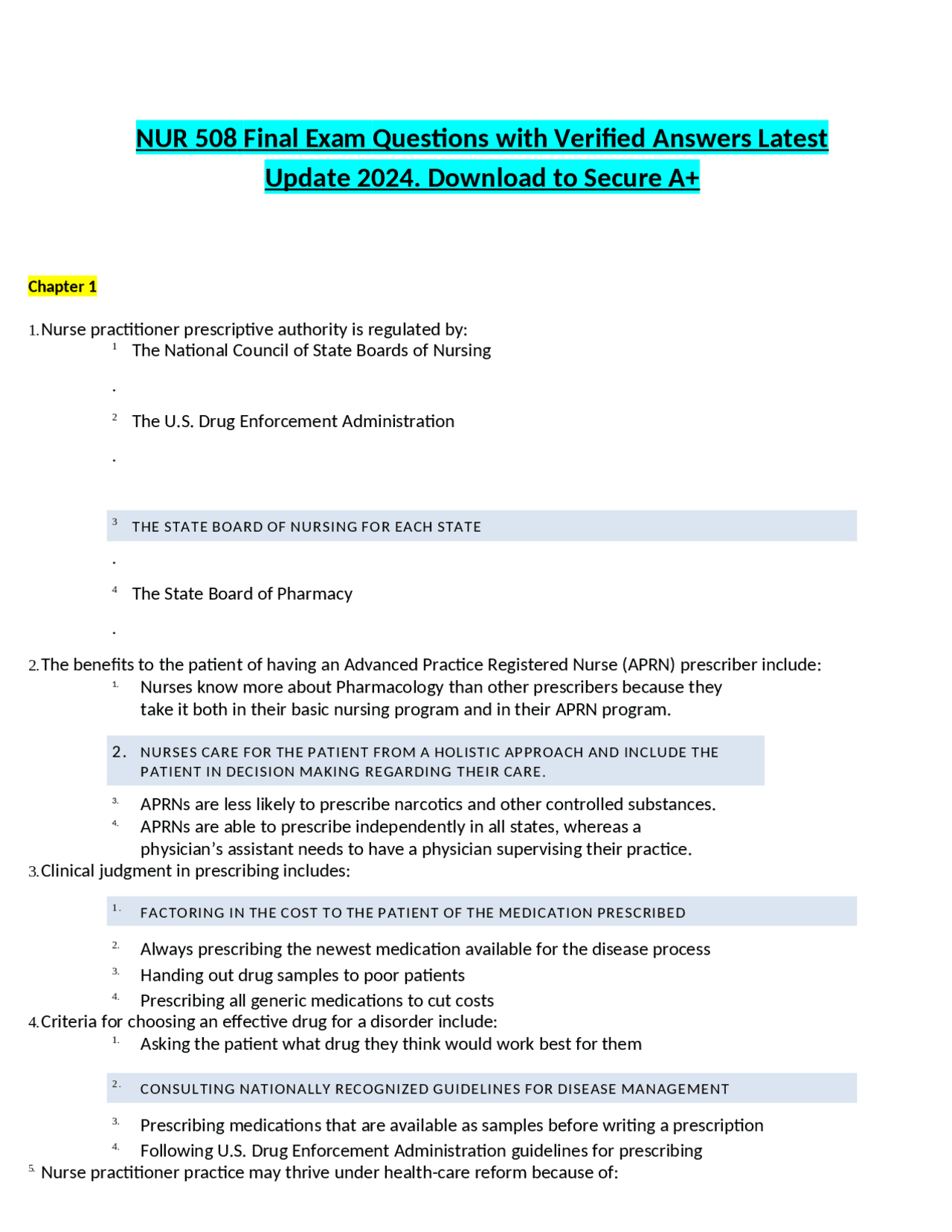 NUR 508 Final Exam Questions with Verified Answers Latest Update 2024 ...