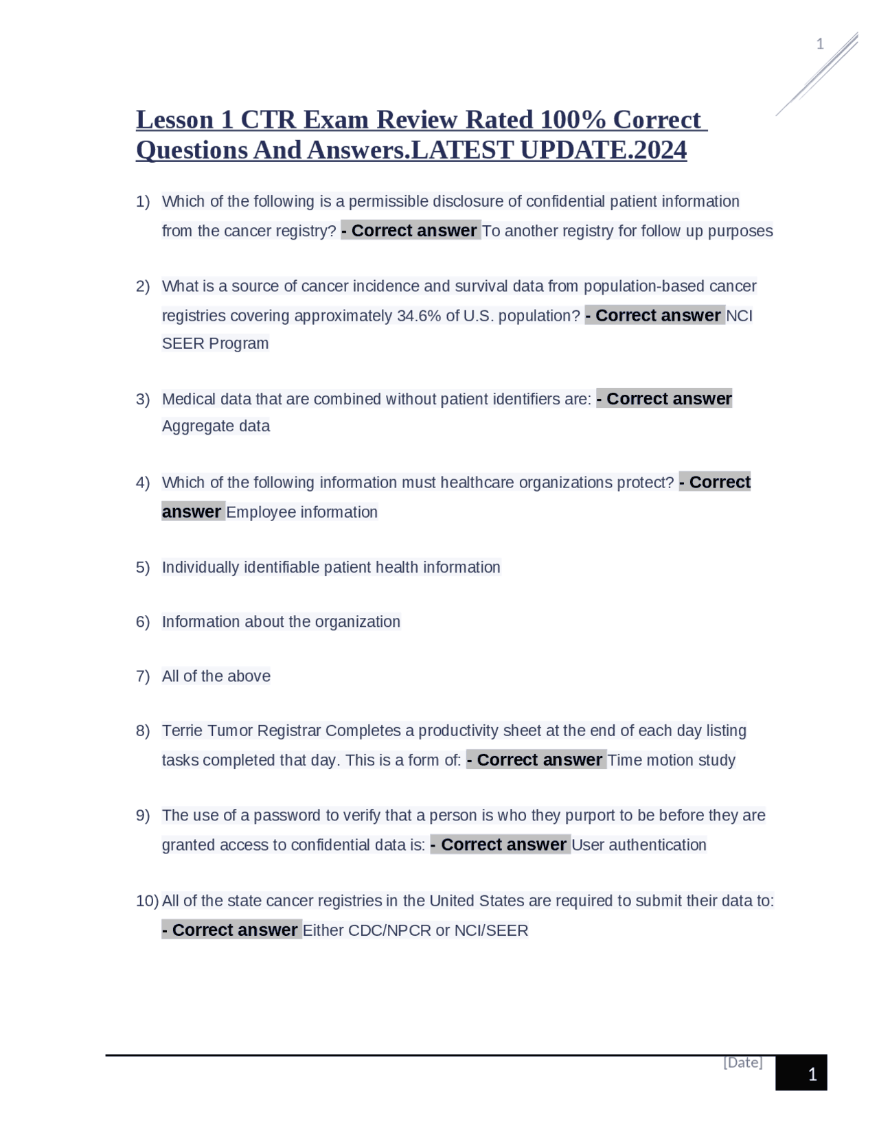 Lesson 1 CTR Exam Review Rated 100% Correct Questions And Answers ...