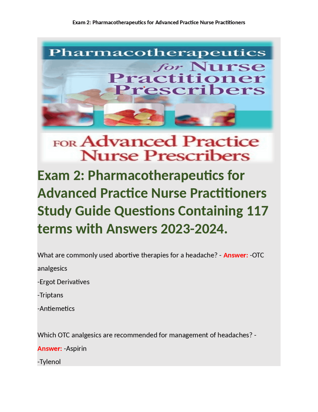 Exam 2: Pharmacotherapeutics for Advanced Practice Nurse Practitioners ...