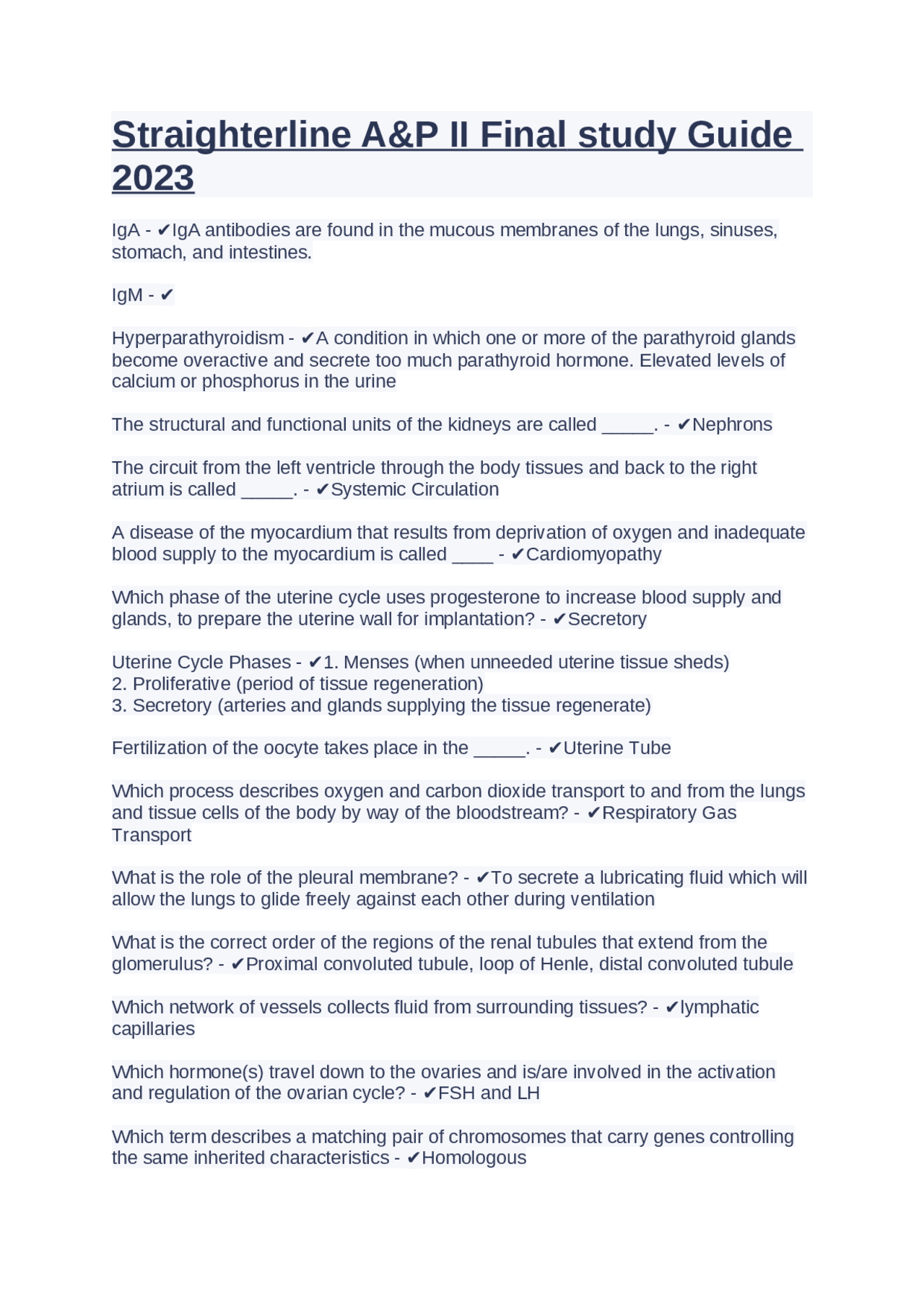 Straighterline A&P II Final study Guide 2023 | Exams Nursing | Docsity