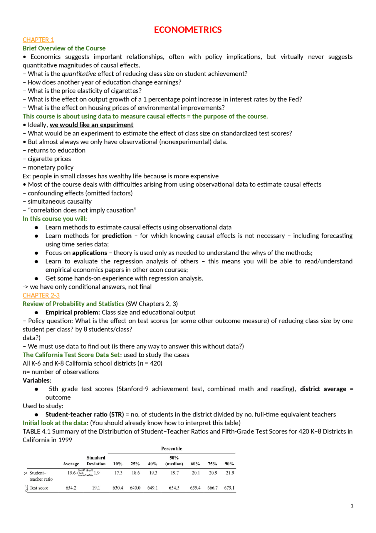 ECONOMETRICS: riassunto completo in lingua inglese | Appunti di Econometria | Docsity