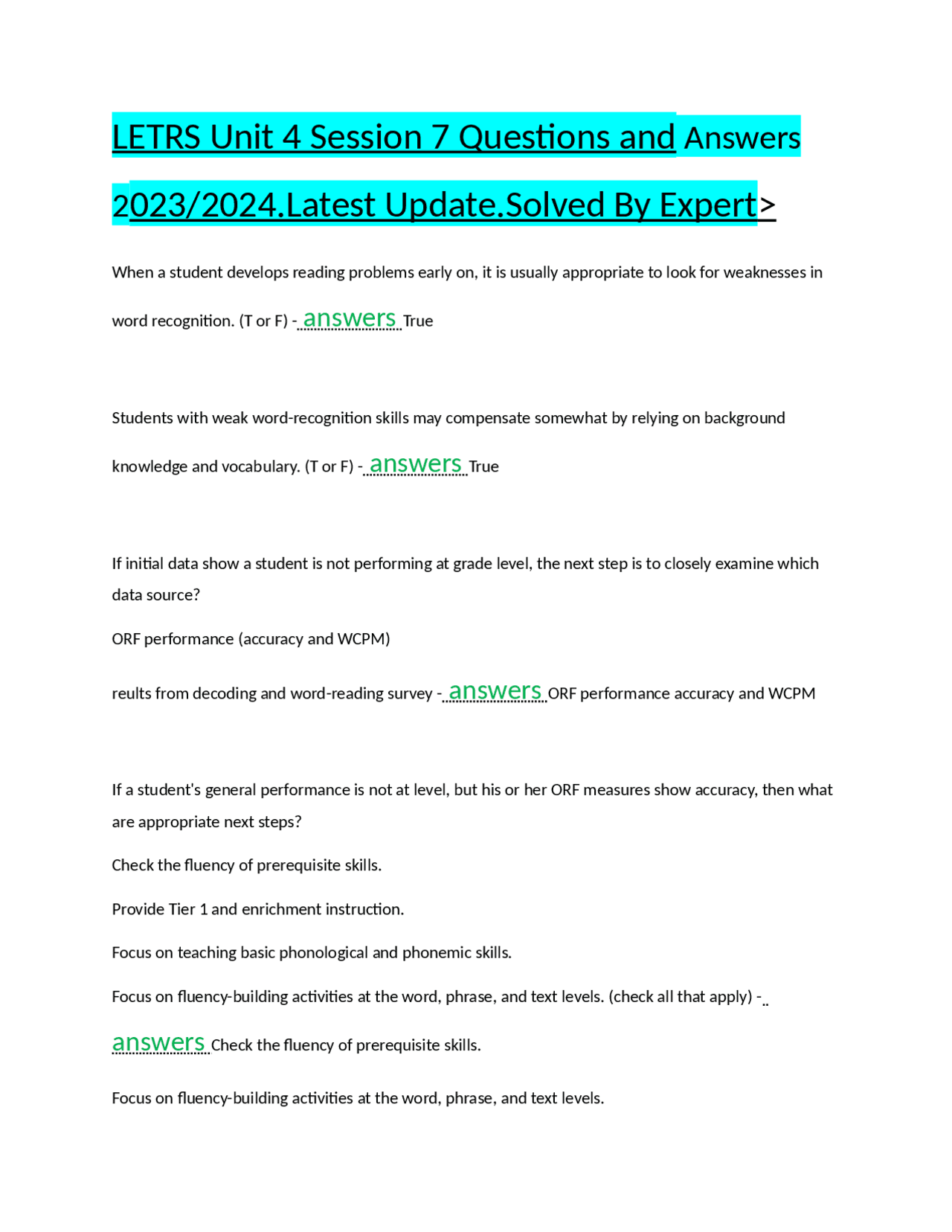 LETRS Unit 4 Session 7 Questions and Answers 2023/2024.Latest Update ...