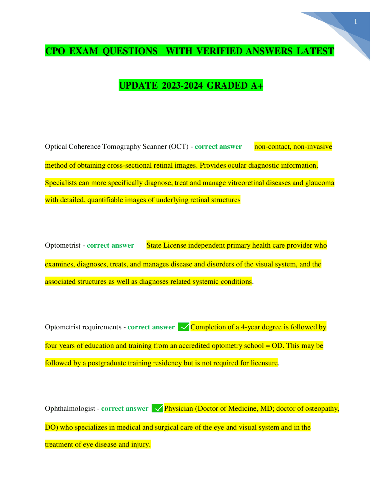 CPO EXAM QUESTIONSWITH VERIFIED ANSWERS LATEST UPDATE 2023-2024 GRADED ...