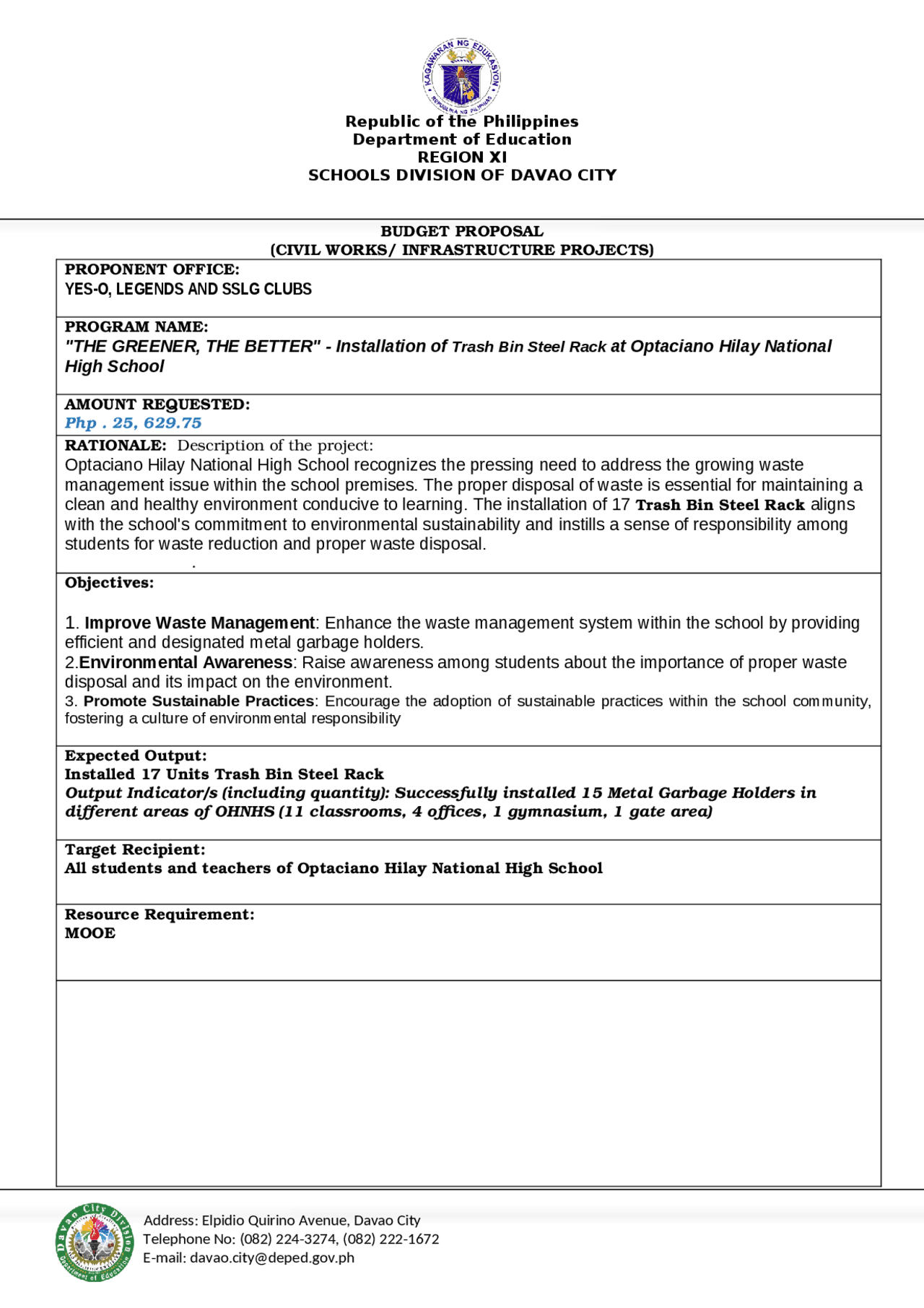 budget proposal sample | Schemes and Mind Maps Economics | Docsity
