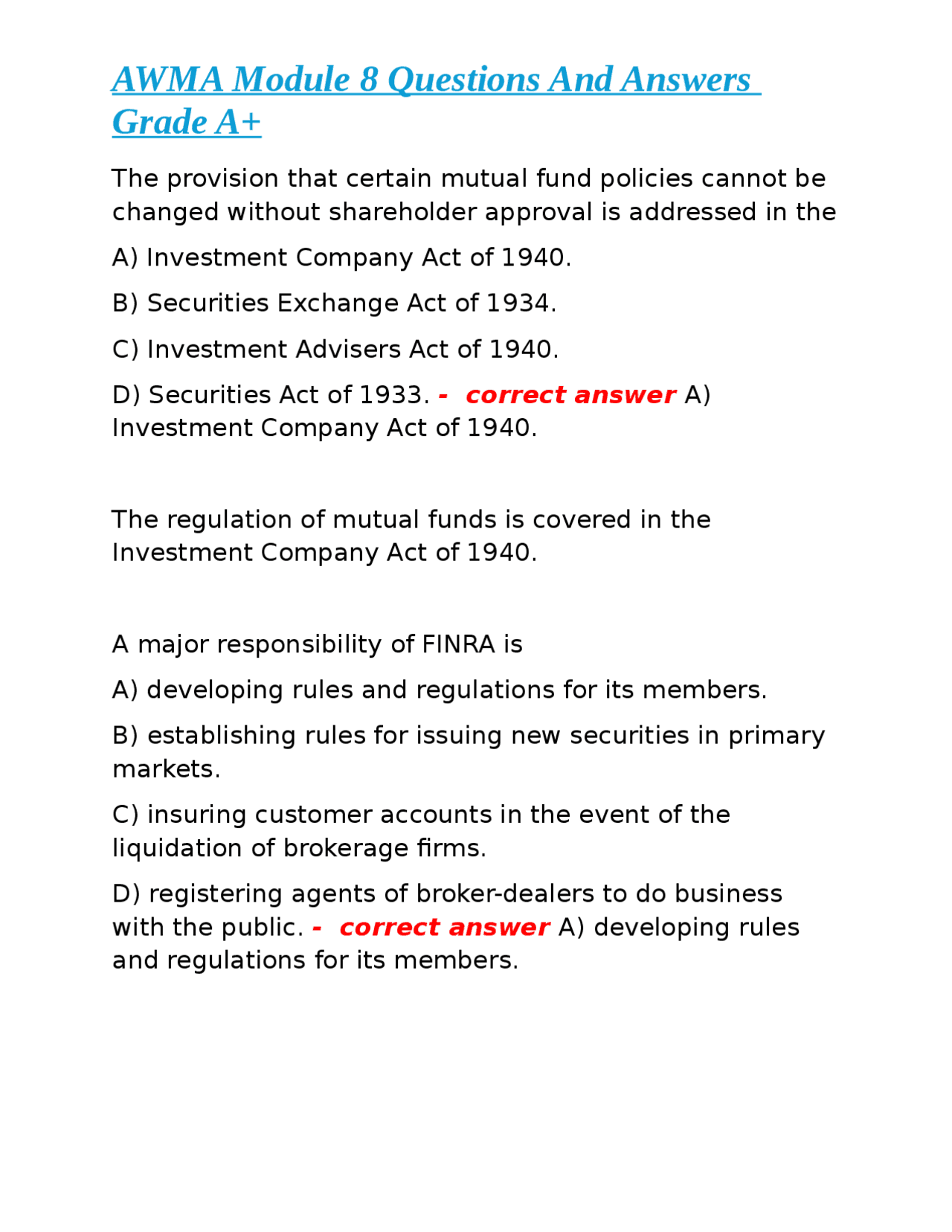 AWMA Module 8 Questions And Answers Grade A+ | Exams Investment ...