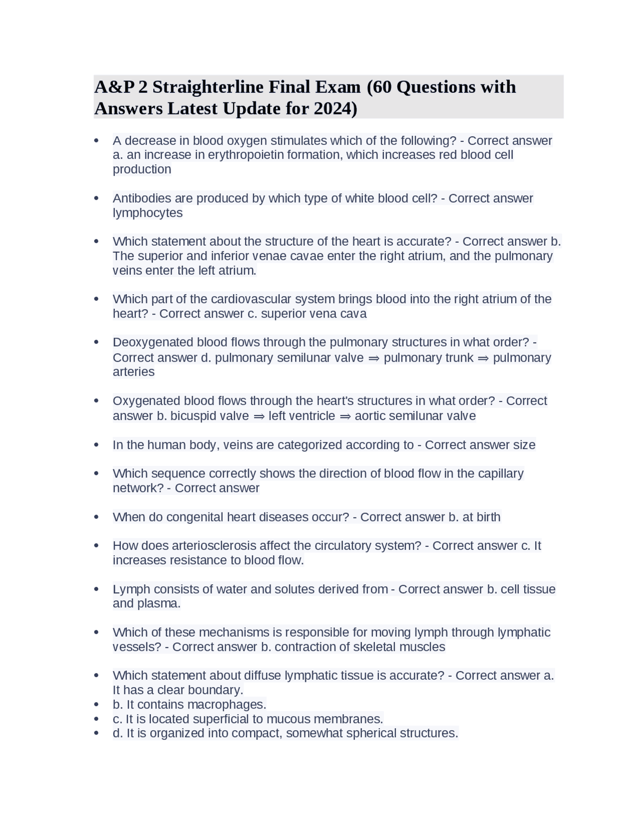 A&P 2 Straighterline Final Exam (60 Questions with Answers Latest ...