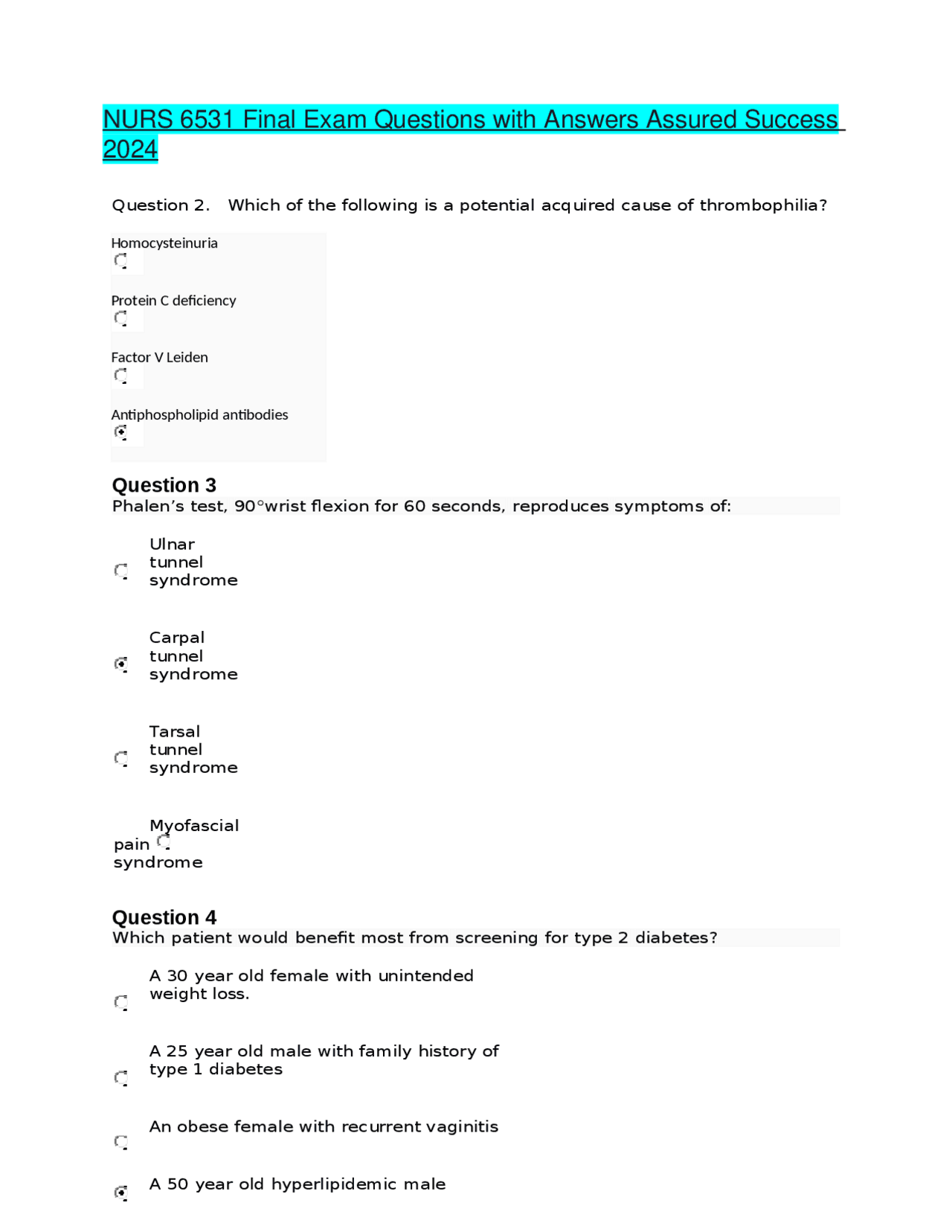 NURS 6531 Final Exam Questions with Answers Assured Success 2024 ...