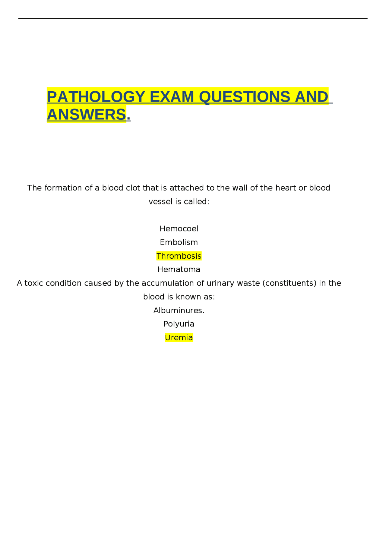 Pathology Exam Questions and Answers | Exams Nursing | Docsity