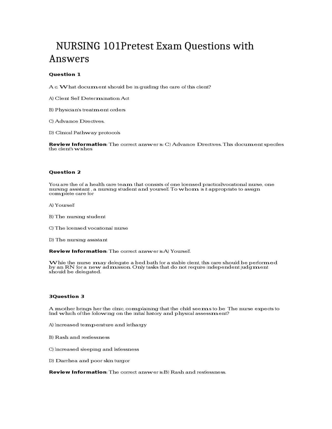 NURSING 101Pretest Exam Questions with Answers | Exams Nursing | Docsity