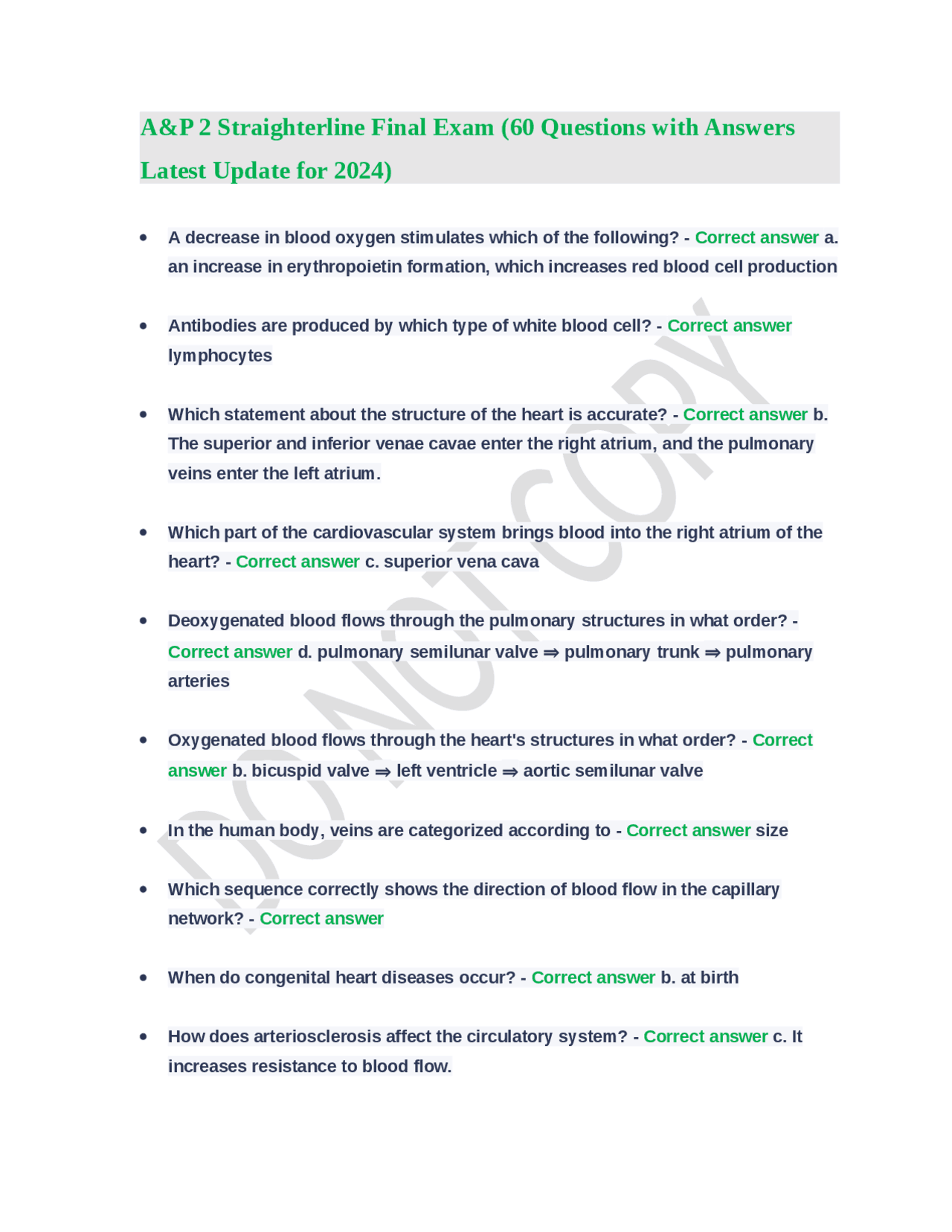 A&P 2 Straighterline Final Exam (60 Questions with Answers Latest ...