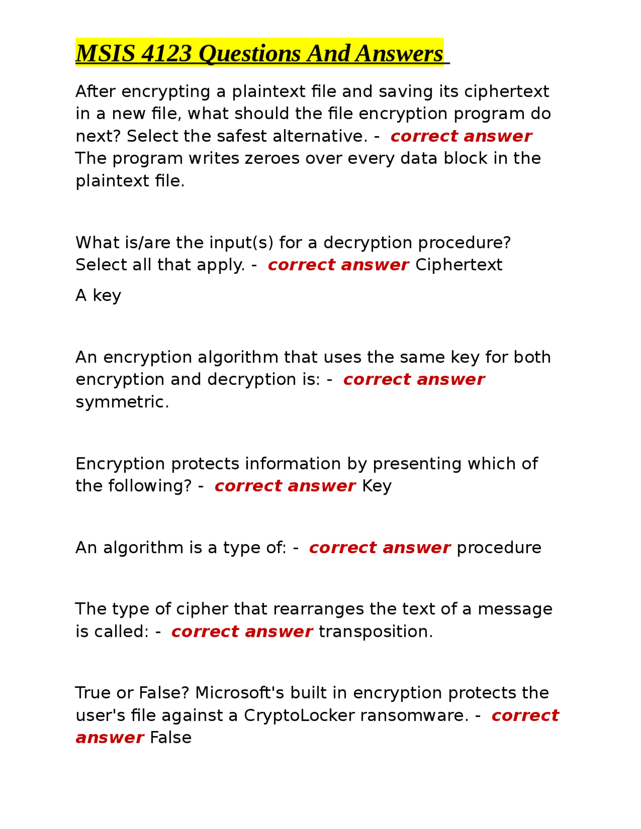 MSIS 4123 Questions and Answers | Exams Cryptography and System Security | Docsity