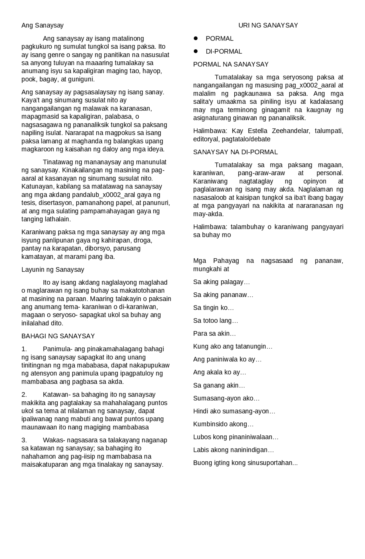 Sanaysay Handouts for Filipino 9 | Study notes Vocational education ...