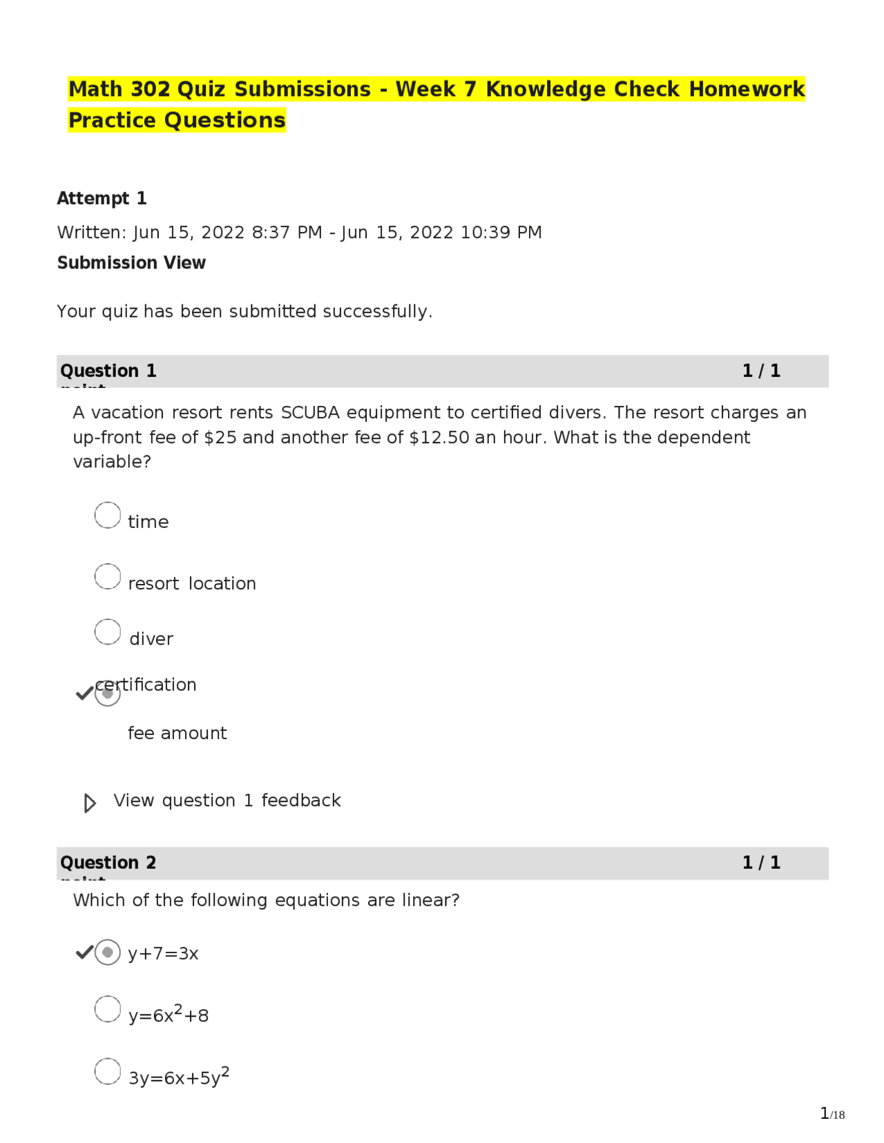 Math 302 Quiz Submissions - Week 7 Knowledge Check Homework Practice ...