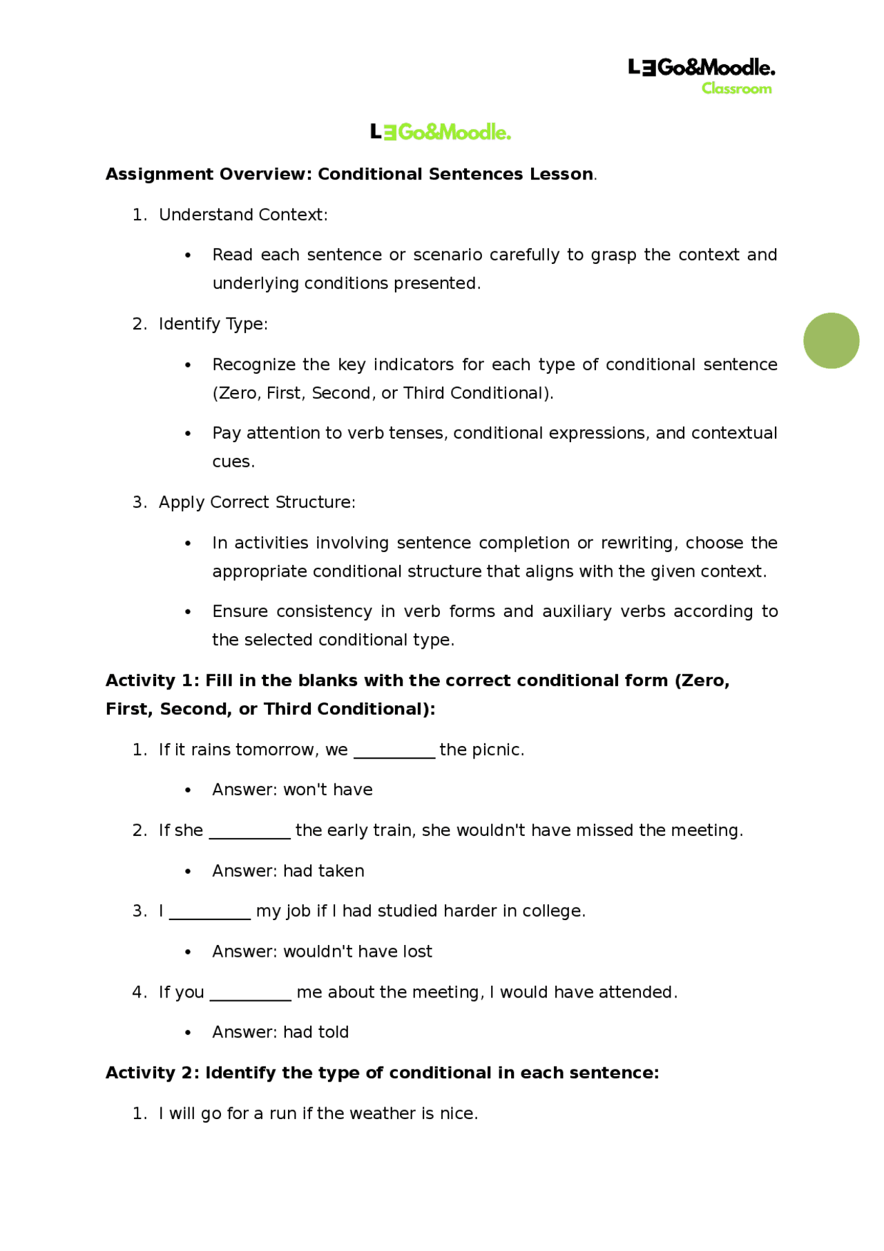 Assignment Overview: Conditional Sentences Lesson | Assignments ...