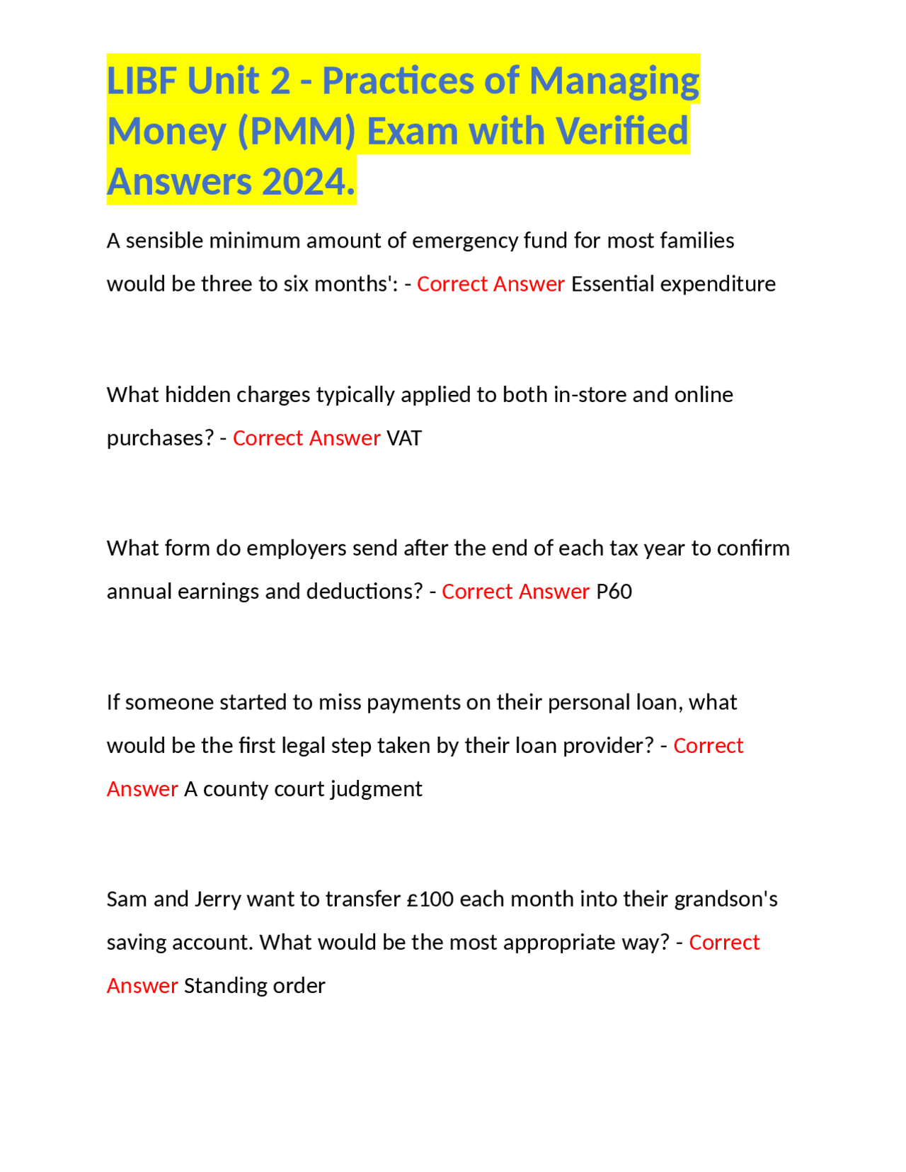 LIBF Unit 2 - Practices of Managing Money (PMM) Exam with Verified Answers 2024 | Exams Nursing ...