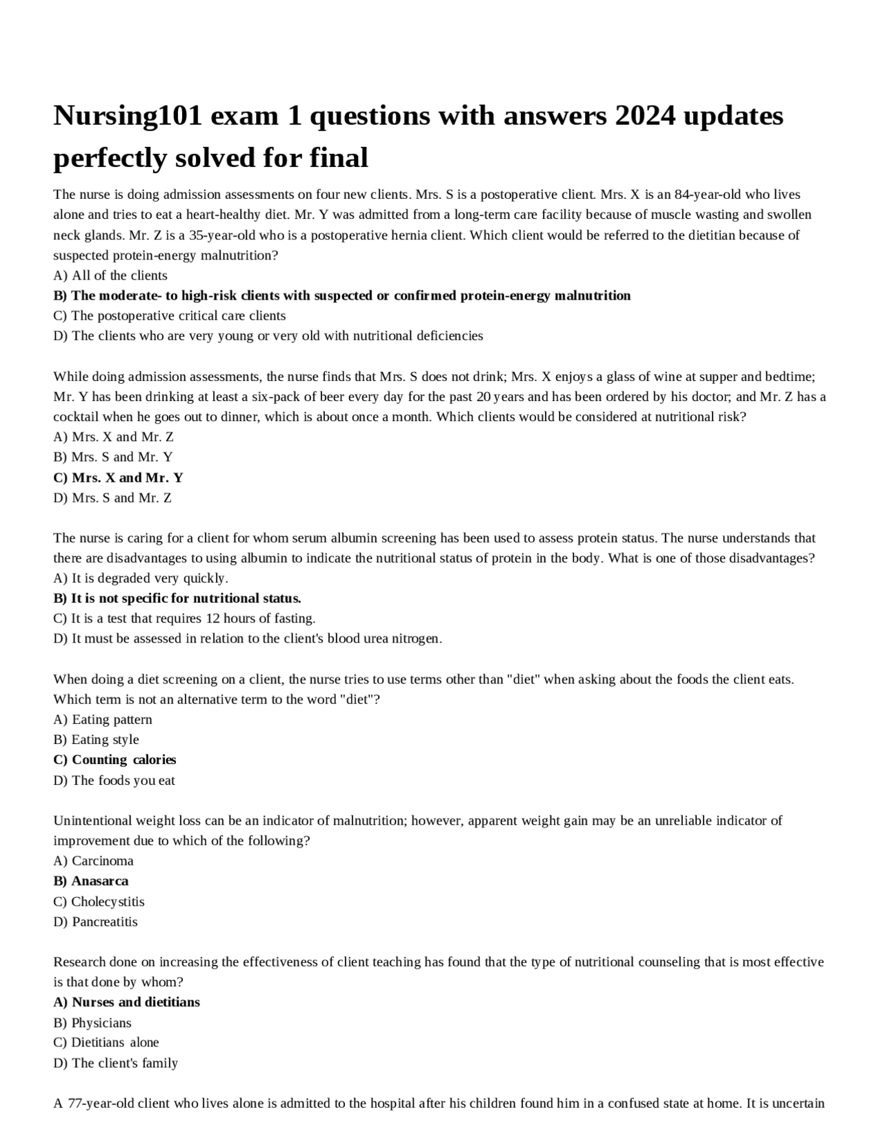 Nursing101 Exam 1 Questions with Answers | Exams Nursing | Docsity