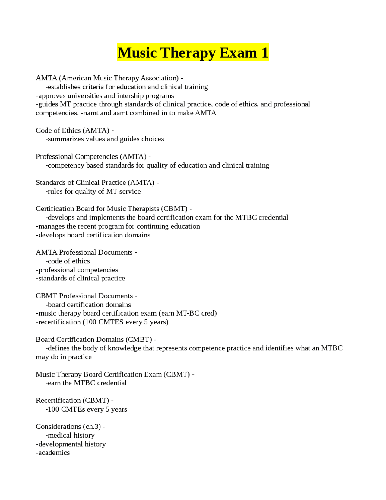 Music Therapy Exam 1 AMTA and Professional Documents | Exams Psychology ...
