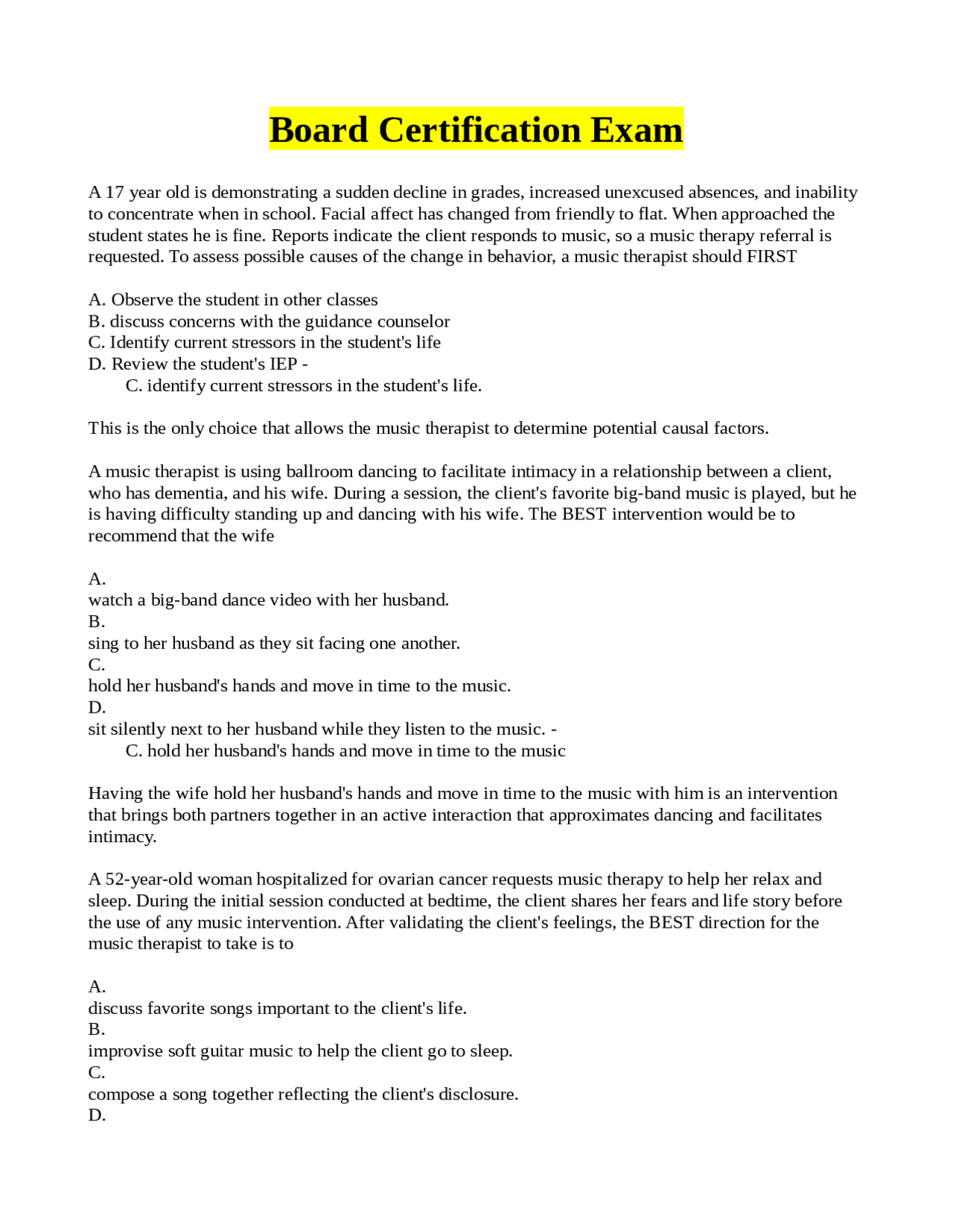 Music Therapy Exam Questions and Answers | Exams Psychology | Docsity