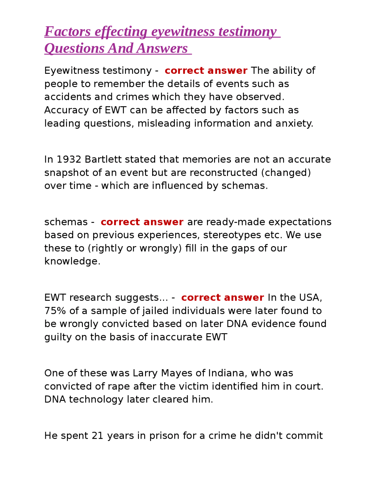 Factors Affecting Eyewitness Testimony: Questions and Answers | Exams ...