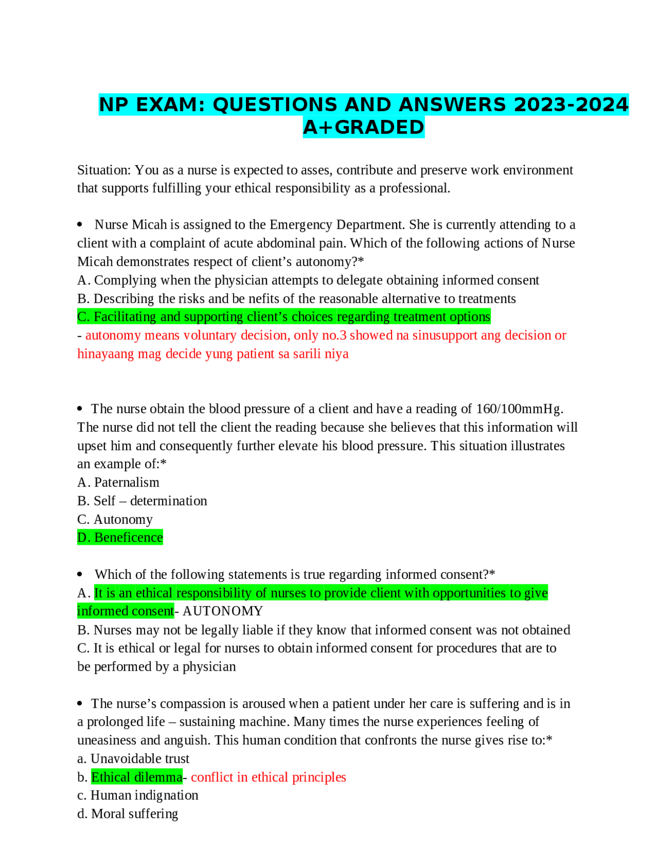 NP EXAM: QUESTIONS AND ANSWERS 2023-2024 A+GRADED | Exams Nursing | Docsity