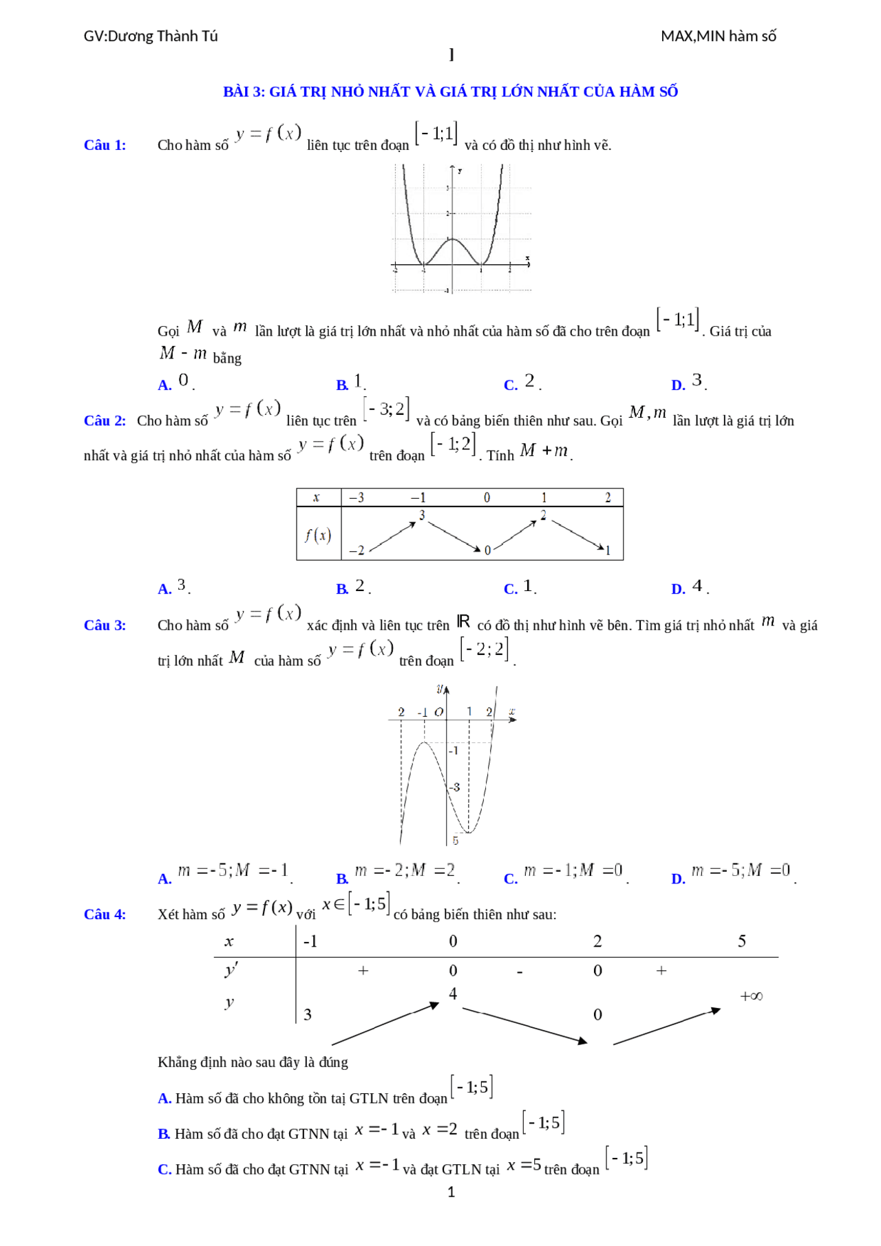 Maximum and Minimum Values of Functions | Exercises Law | Docsity