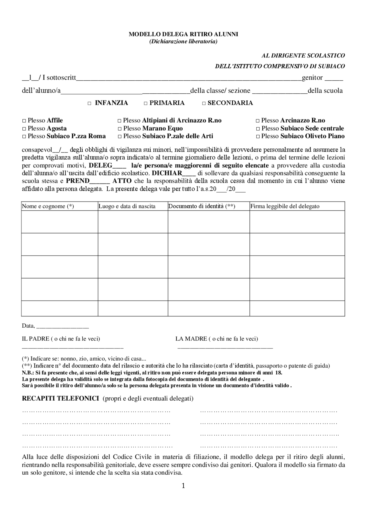 Esempio Delega Ritiro