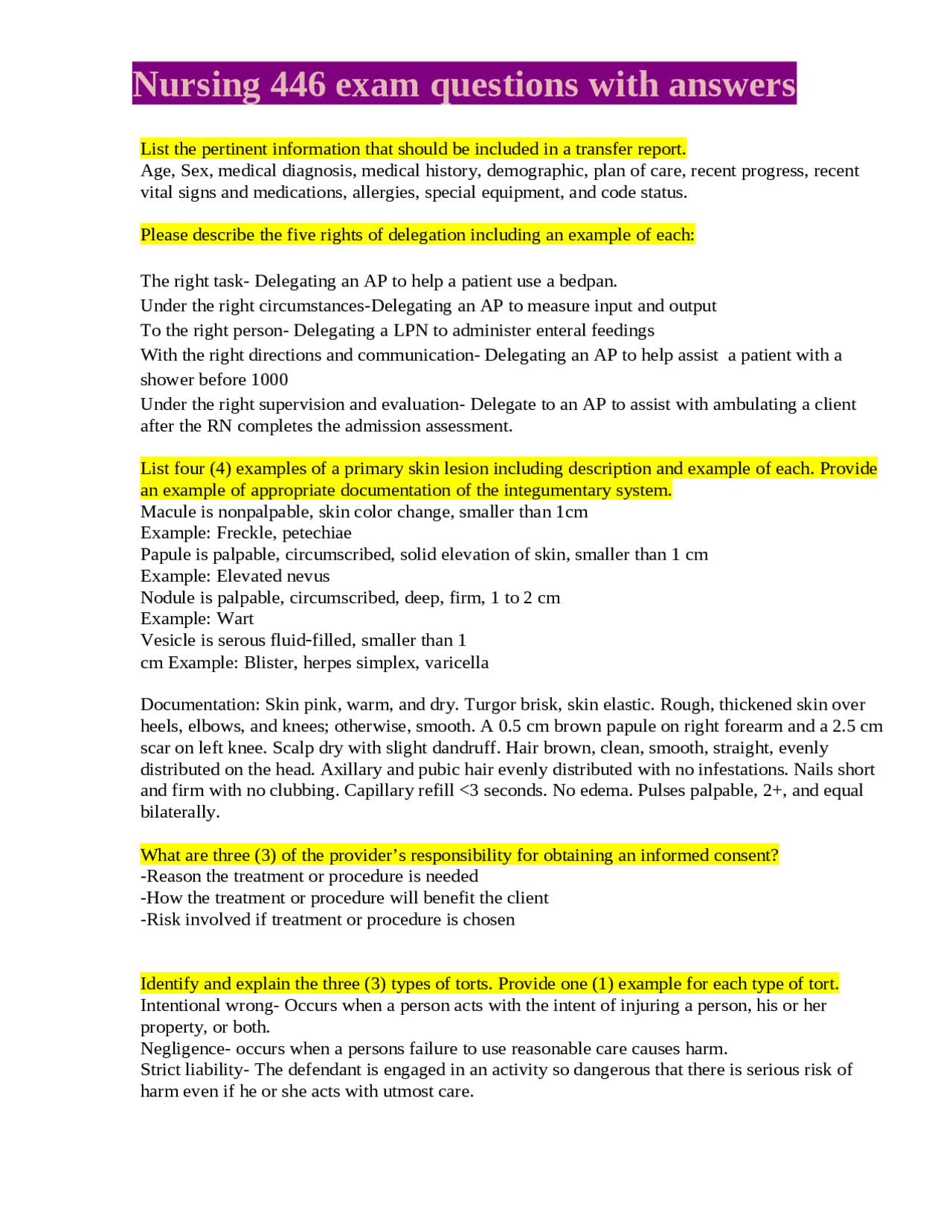 Nursing 446 exam questions with answers | Exams Nursing | Docsity