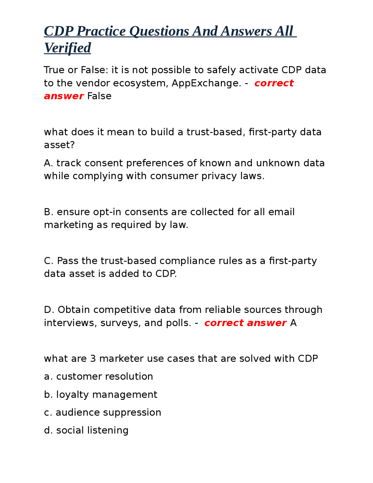 CDP Practice Questions and Answers | Exams Ecosystem Modelling | Docsity