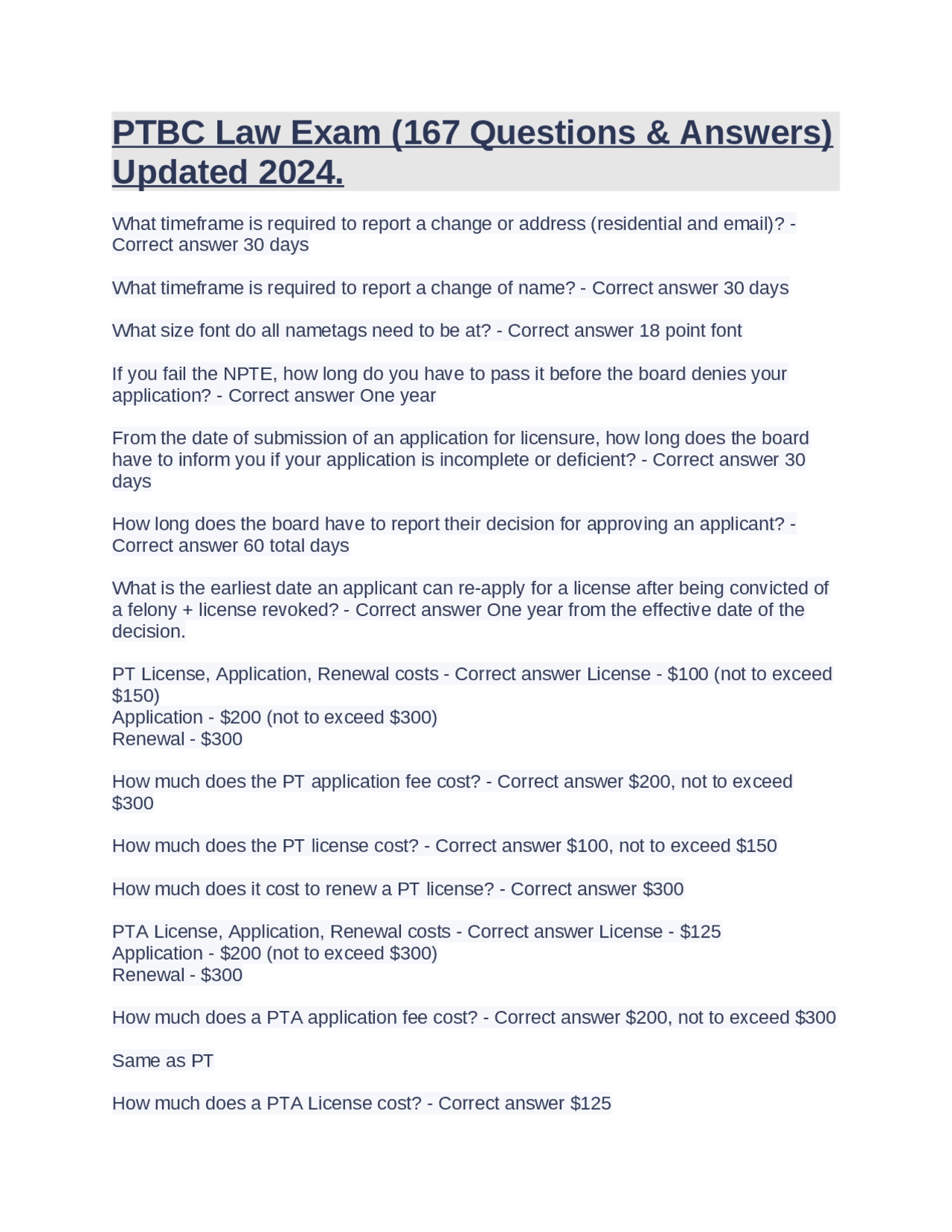 Ptbc Law Exam Questions And Answers Exams Law Docsity