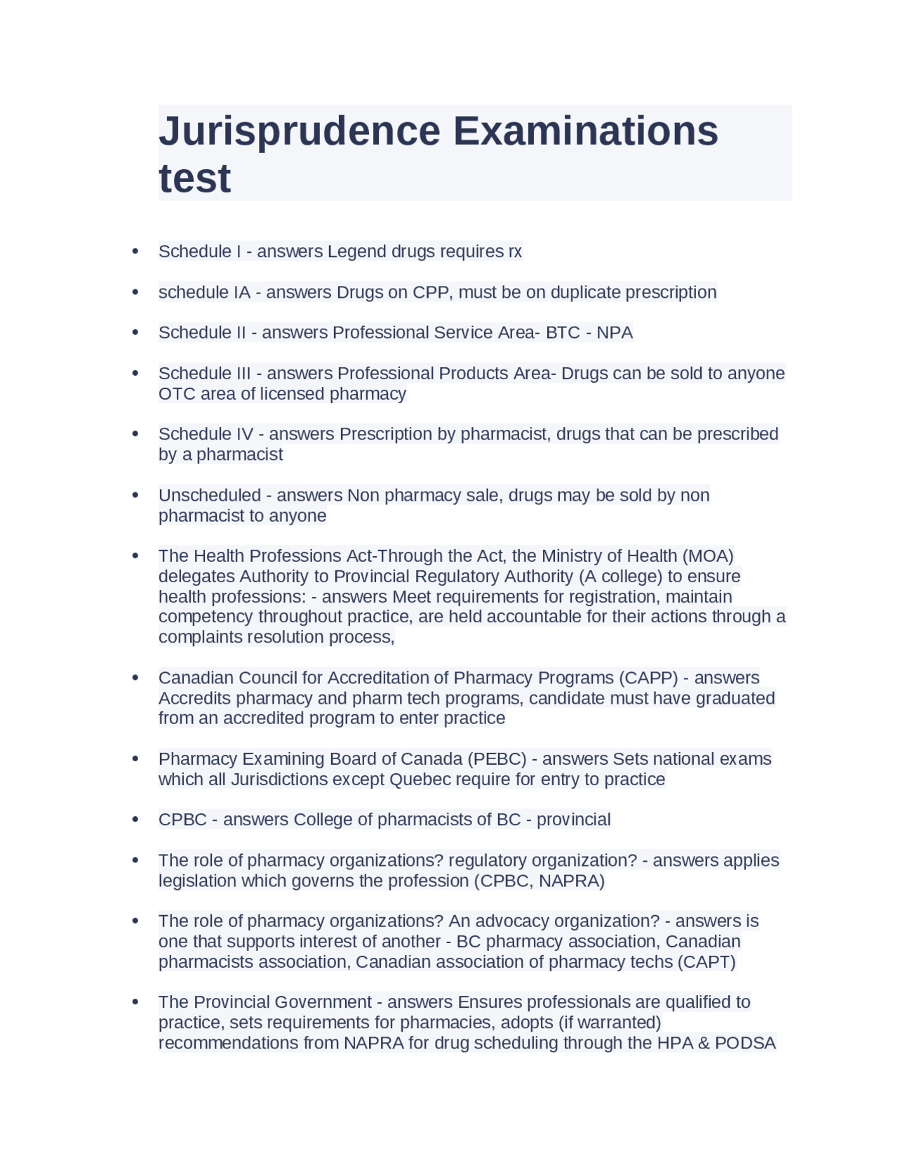 Jurisprudence Examinations test | Exams Nursing | Docsity