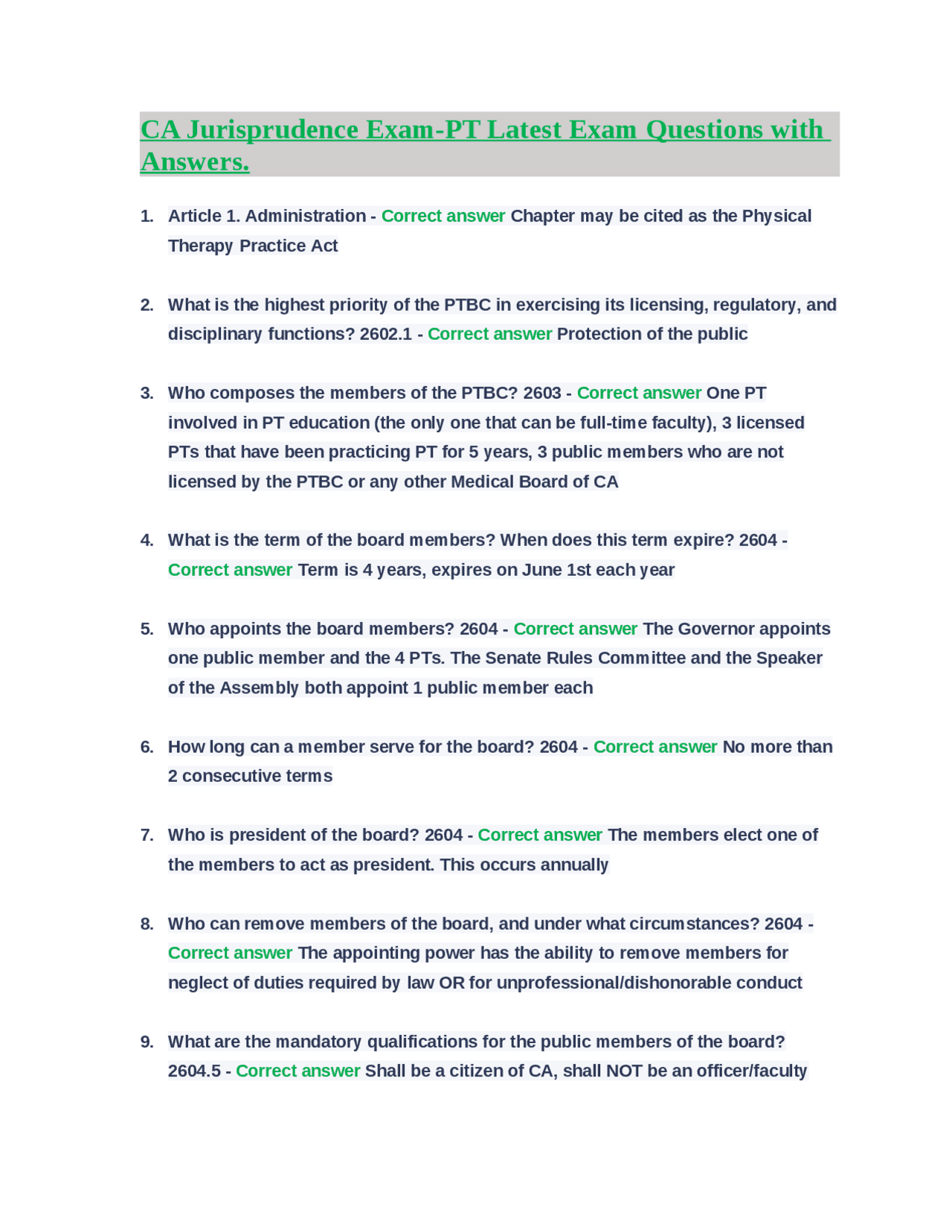 CA Jurisprudence Exam-PT Latest Exam Questions with Answers | Exams ...