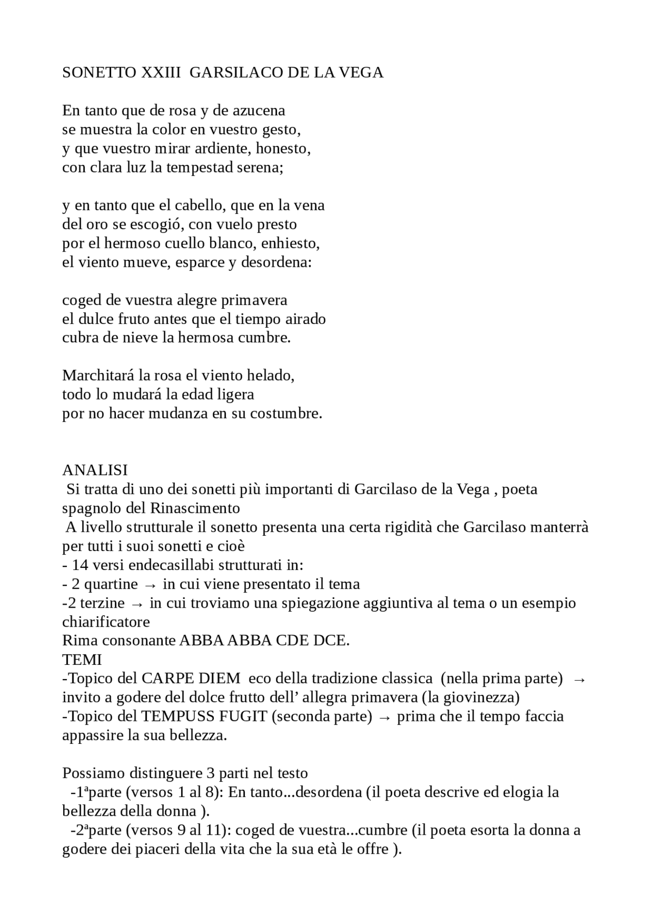 spiegazione sonetto XXIII garcilaso de la vega | Appunti di Letteratura ...